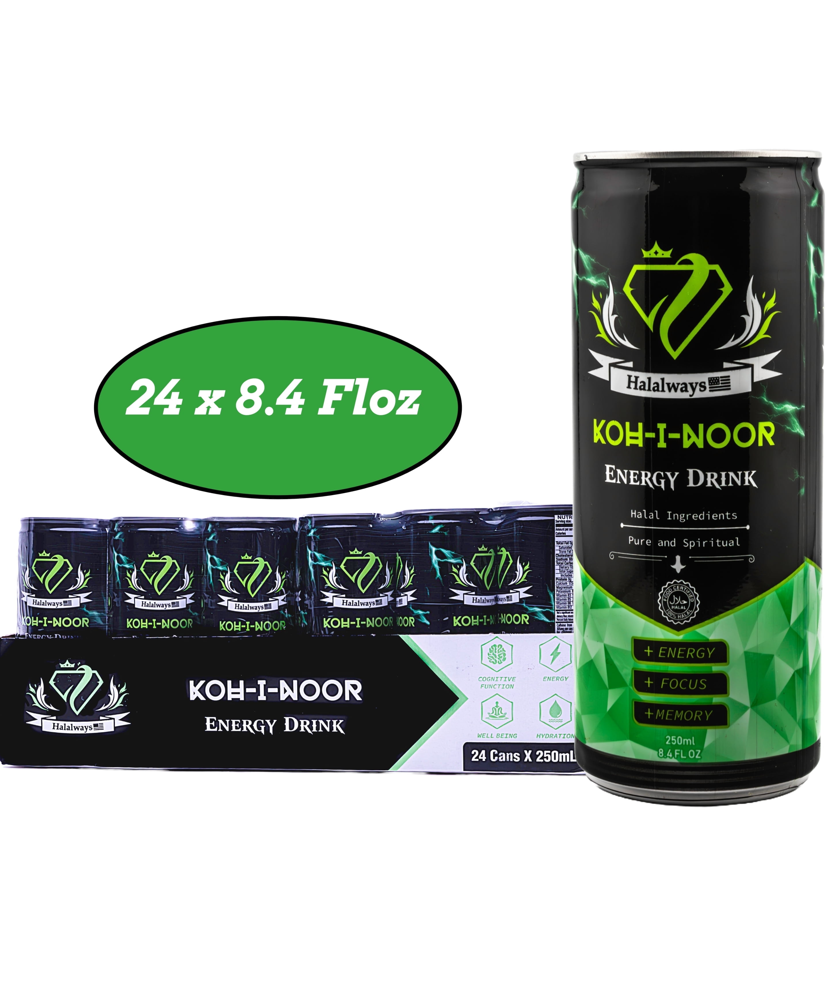 Halalways Koh-i-Noor Energy Drink with 105mg Caffeine, 8.4 Fl Oz, 24 ...