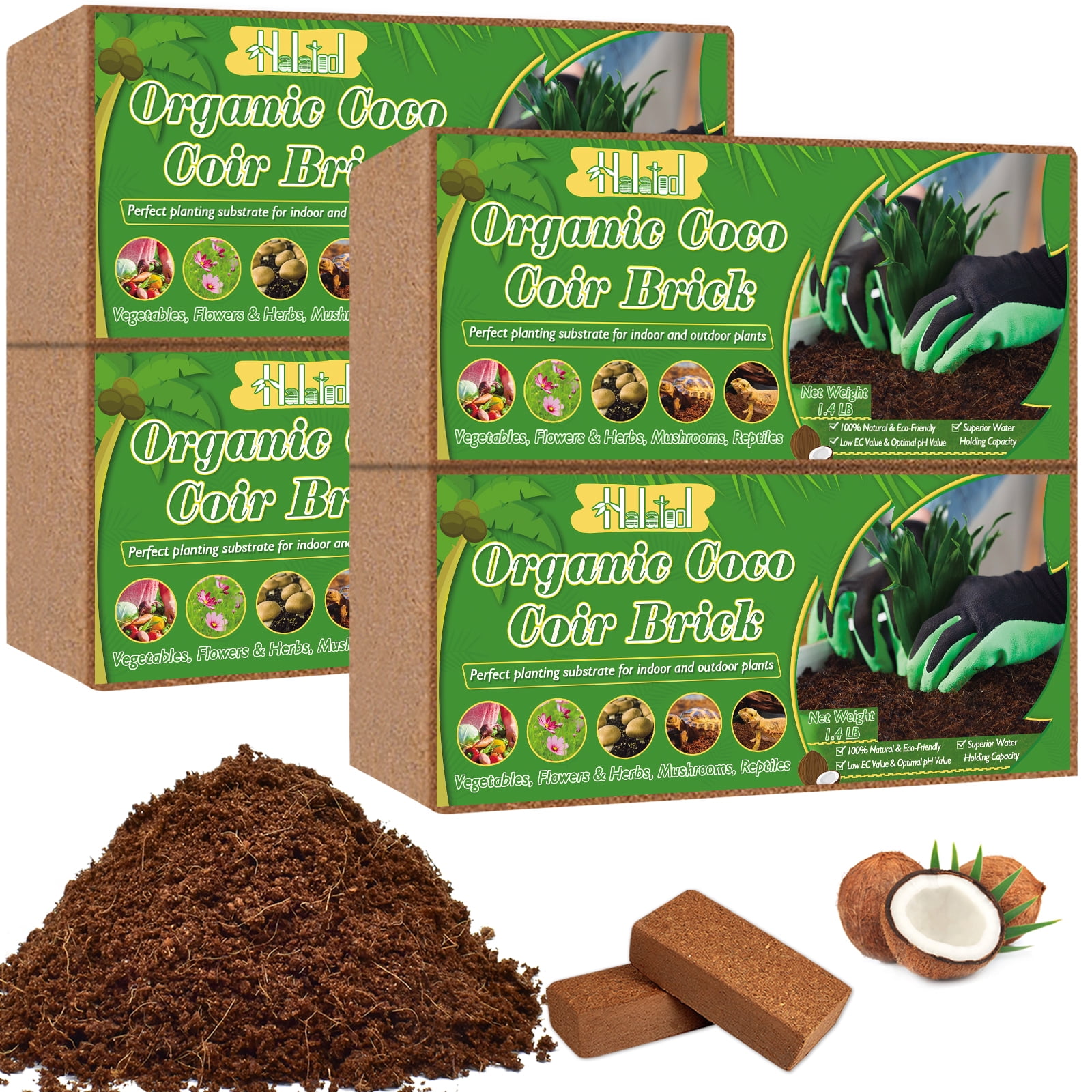 Halatool 4PCS Organic Coconut Coir Bricks Compressed Coco Coir Brick ...