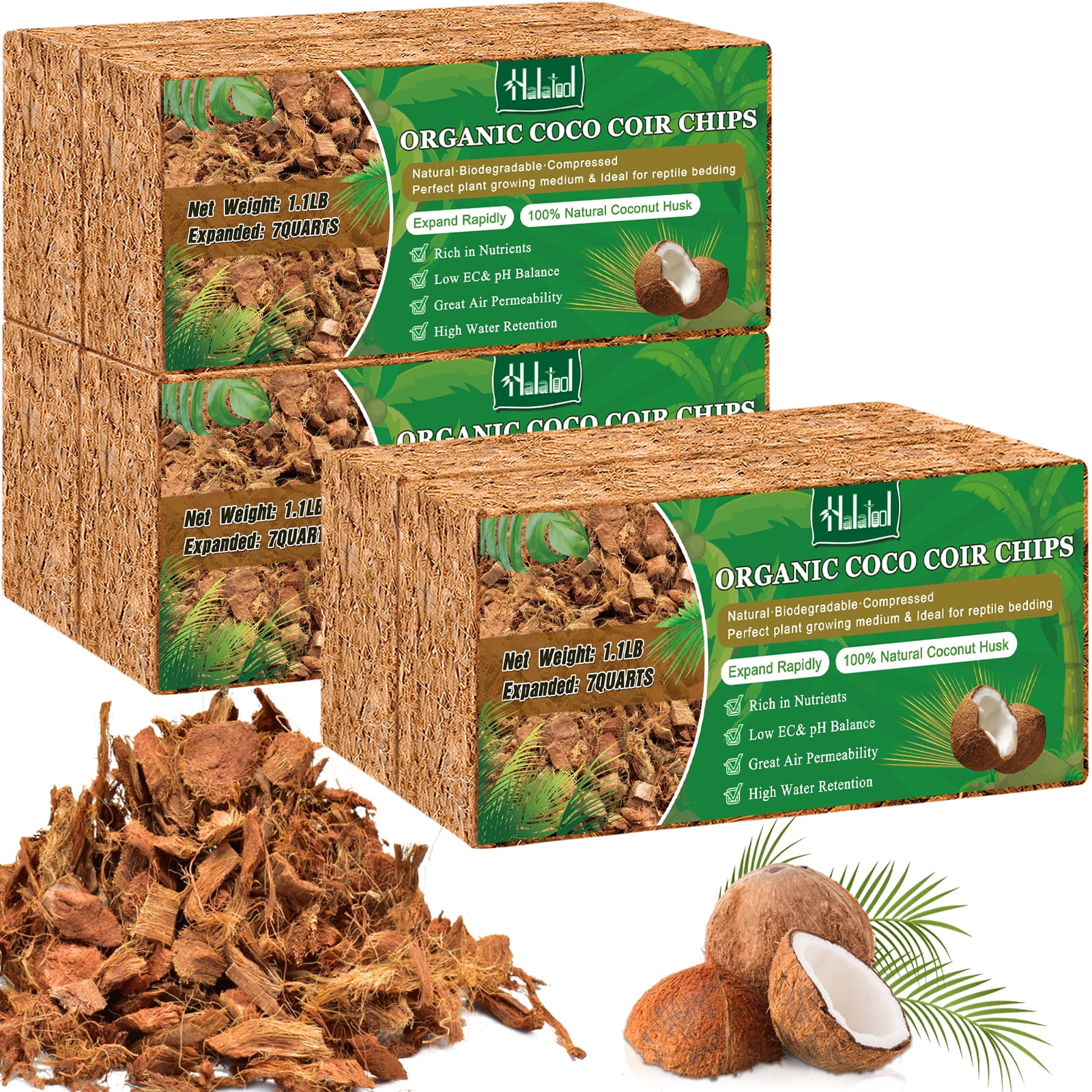 Halatool 6 Pcs Coconut Coir Chips for Plants - 6.6 LB 100% Organic Coco Husk Chip Bricks with ...