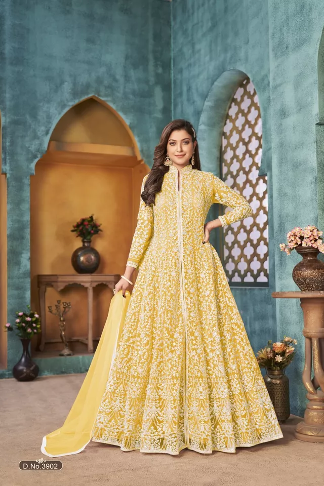 Haldi Ceremony Function Wear Work Long Anarkali Indian Women Salwar ...