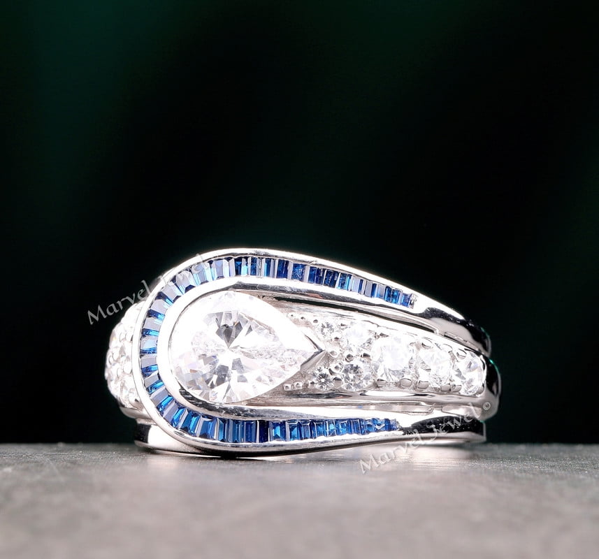 Half Bezel Pear Cut Diamond Engagement Ring, Blue Sapphire Halo Diamond ...