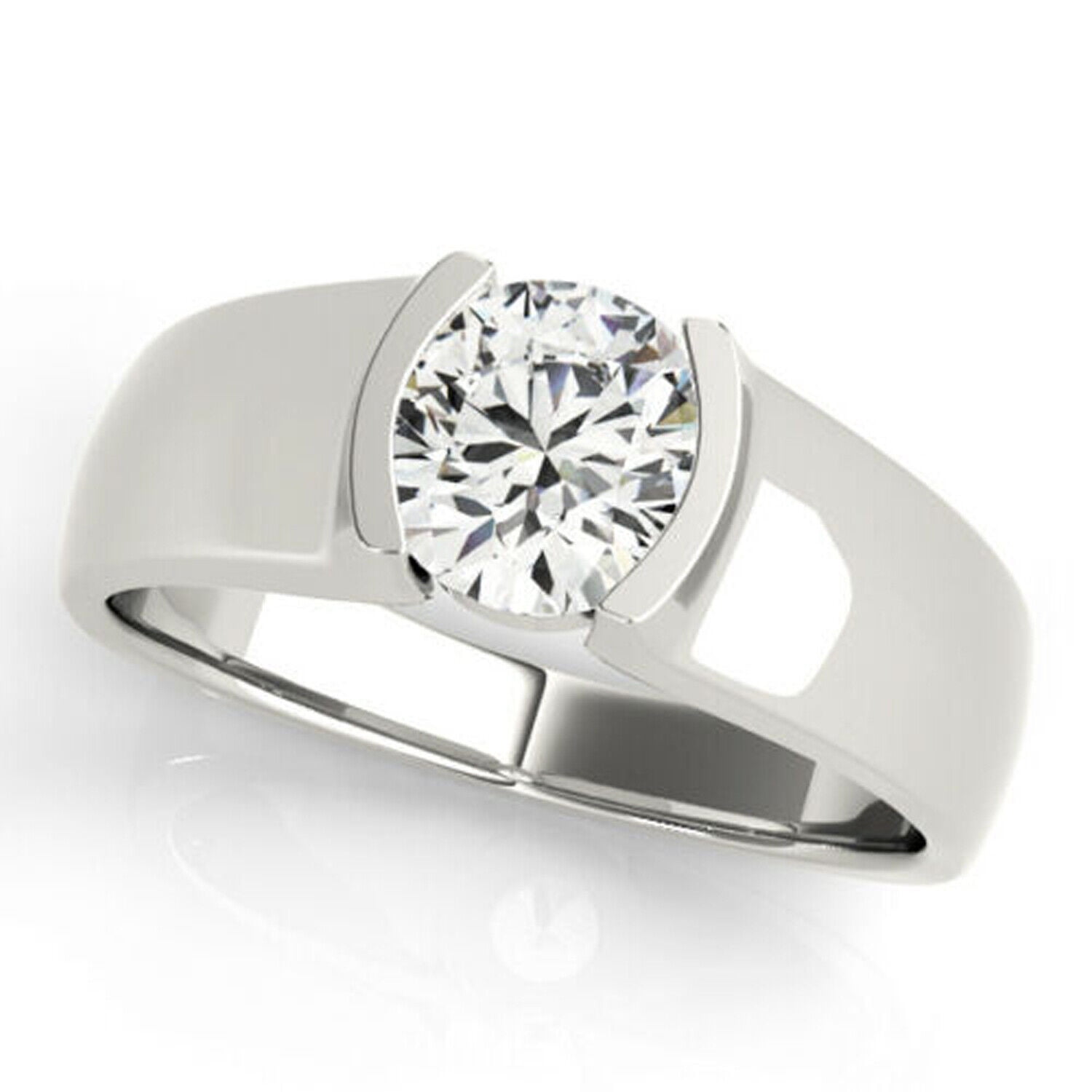 Half Bezel Ring Solitaire Diamond Ring 2.1 Ct Round Diamond 14K White ...