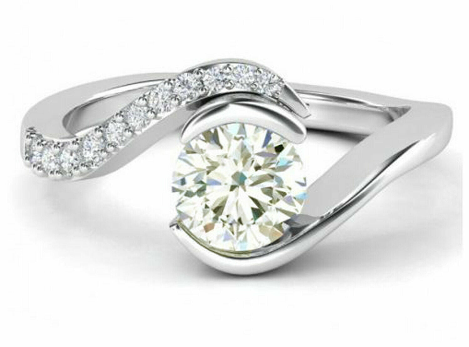 Half Bezel Set Ring Bypass Engagement Ring 14K White Gold Over 1.9 Ct ...