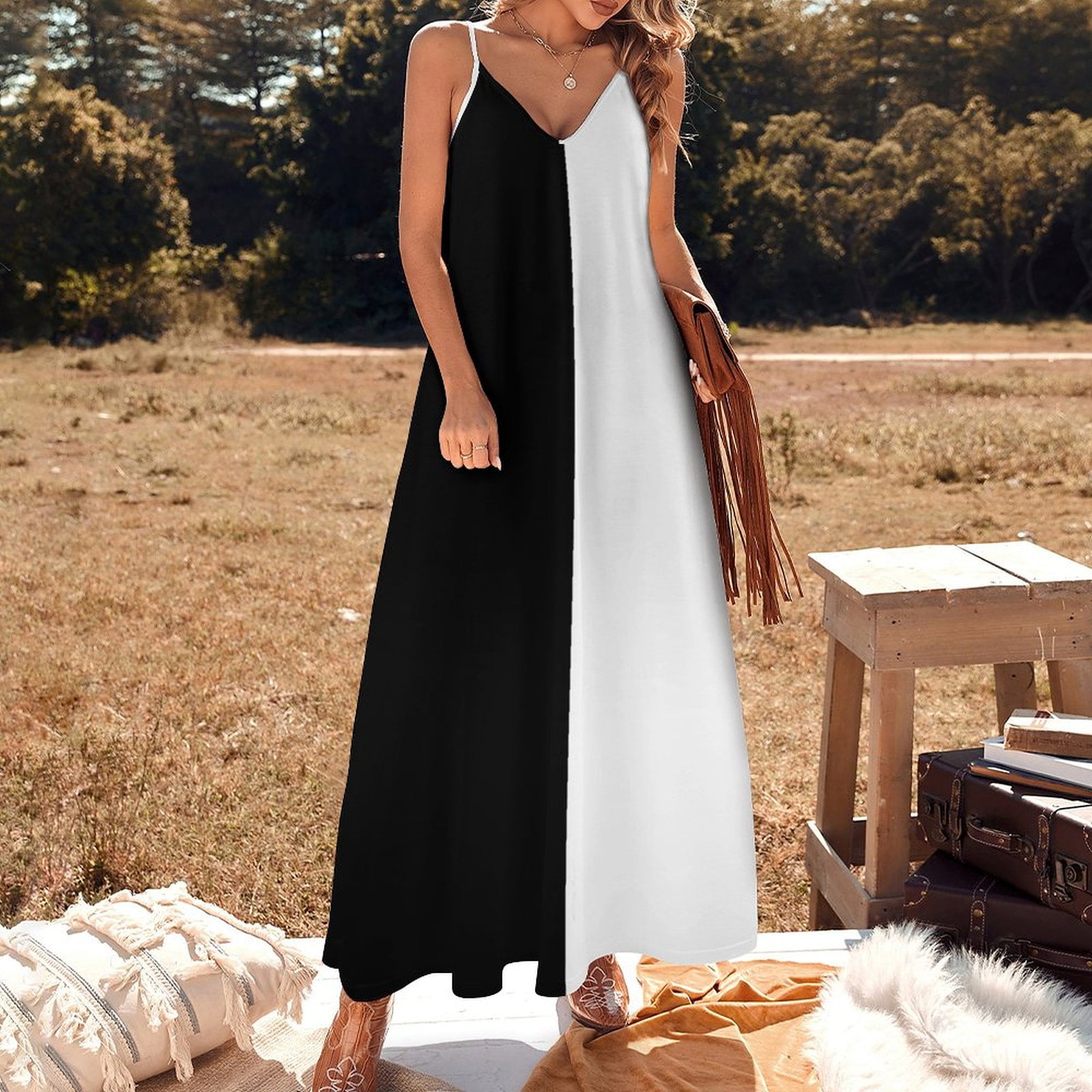 Half Black Half White Sleeveless Dress dress party evening elegant luxury celebrity Summer skirt ...