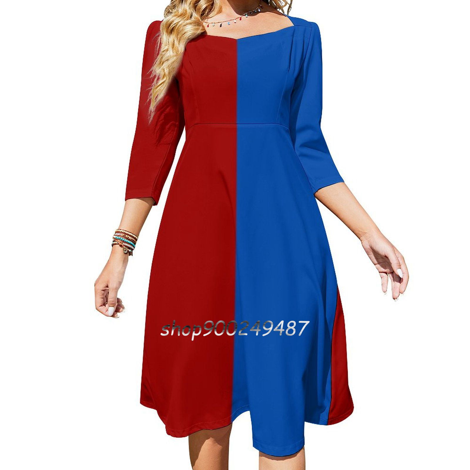 Half Blue Half Red Square Neck Dress Sweet Summer Dress Women Elegant ...