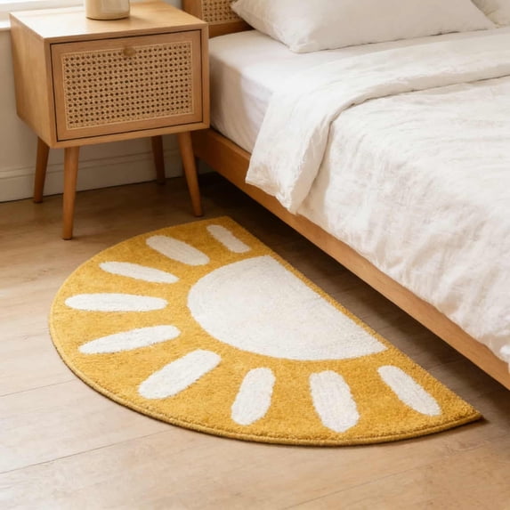 Half Circle Bath Mat Non-Slip, Cute Sun Fun White Yellow Boho Bath Mats ...