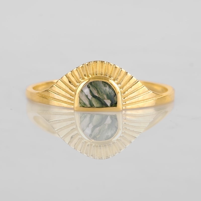 Half-Circle Solitaire Green Moss Agate Sunburst & Modern Geometric Gold ...