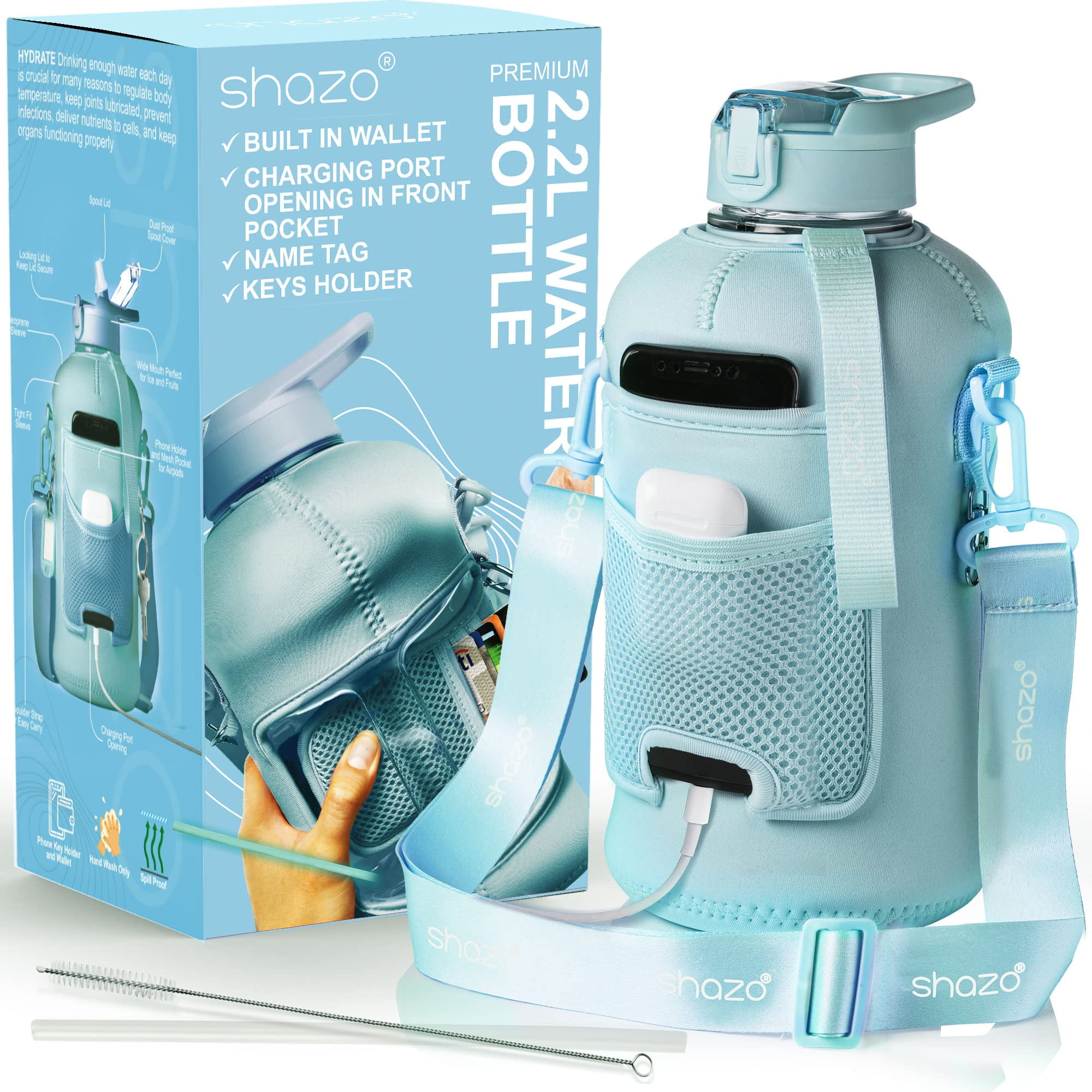 Shazo Kitchen 2.2L BPA Free Sports Water Bottle with Built-In Wallet, Straw, and Phone Pocket ...