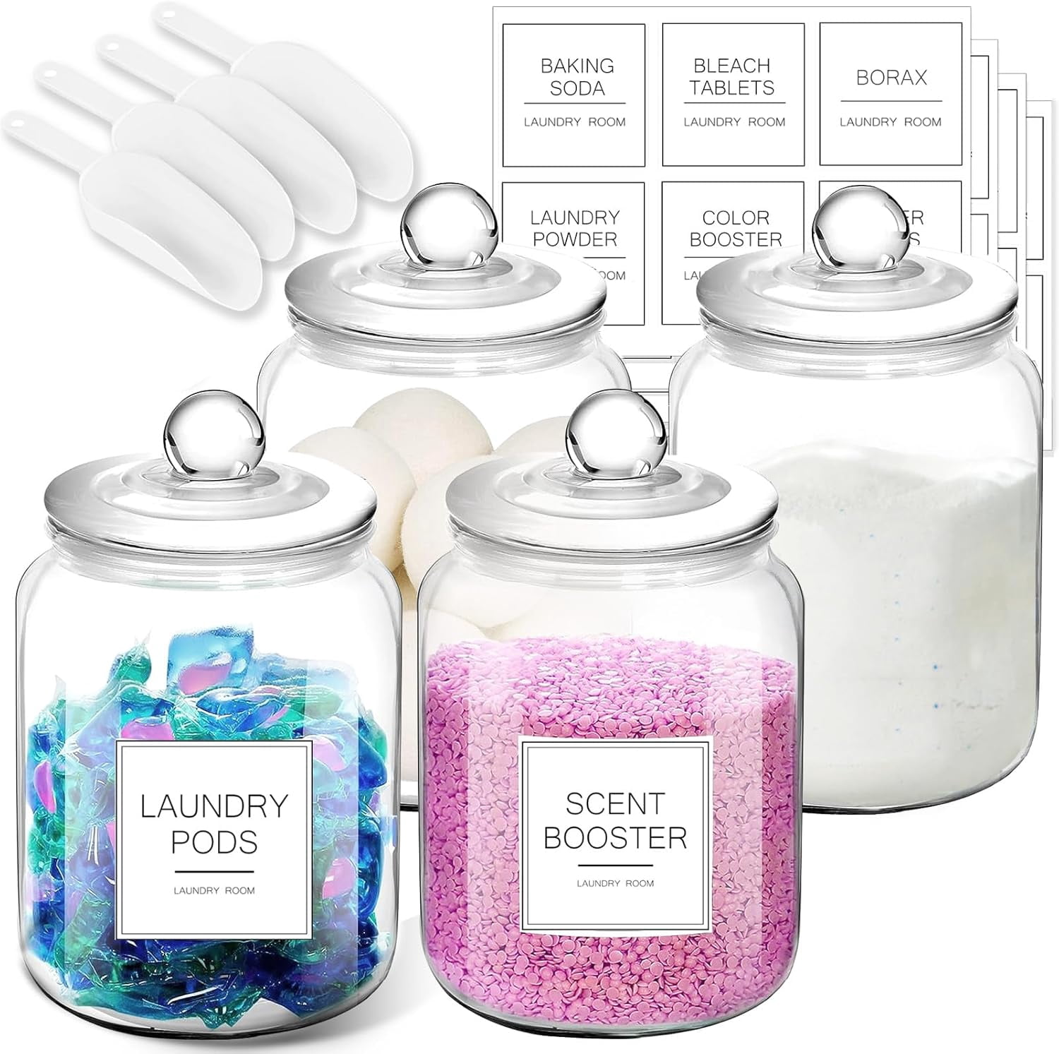 Half Gallon Glass Jars - Large Airtight Containers with Scoop and Labels for Organization and ...