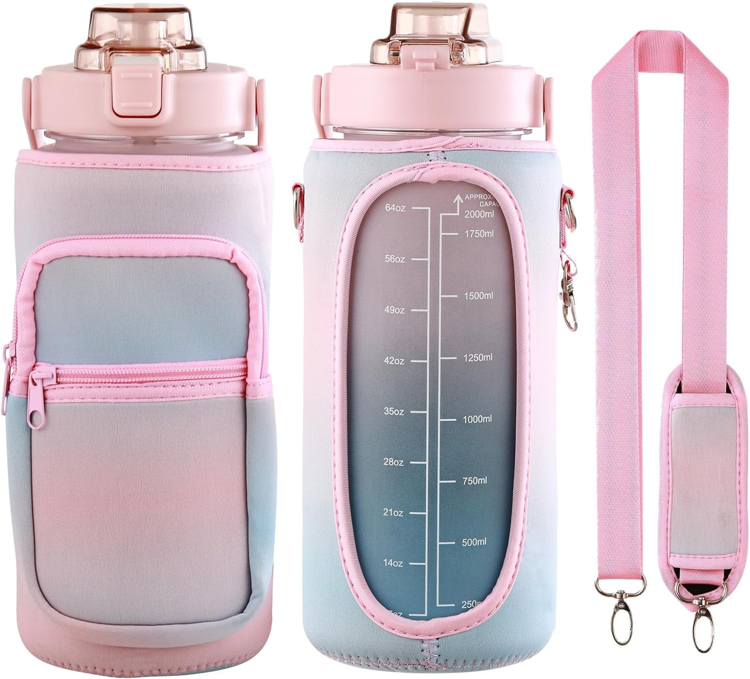 Half Gallon Water Bottle with Sleeve & Strap 64 OZ Motivational Water ...