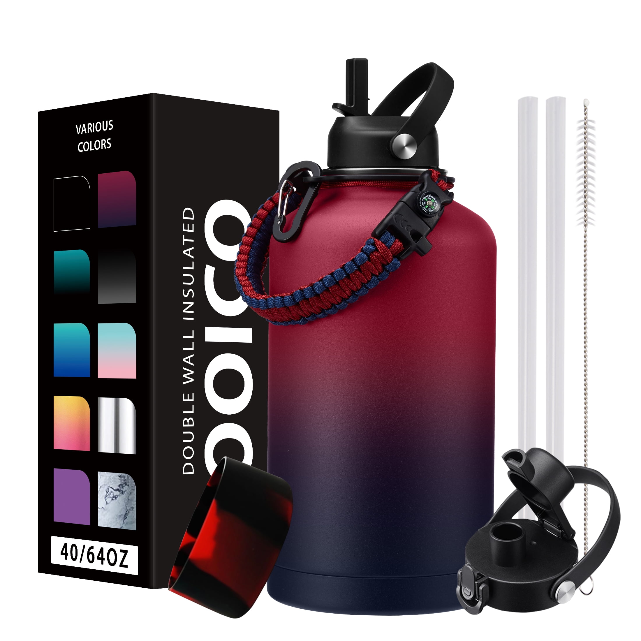 Half Gallon Water Bottle with Straw & Spout Lid,Paracord Handle,Flask ...