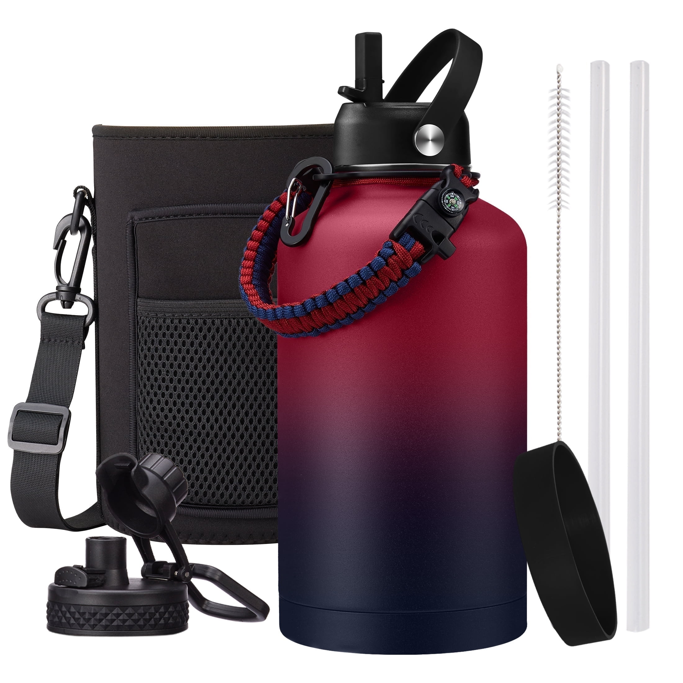 Half Gallon Water Bottle with Straw & Spout Lid, Carrying Pouch ...