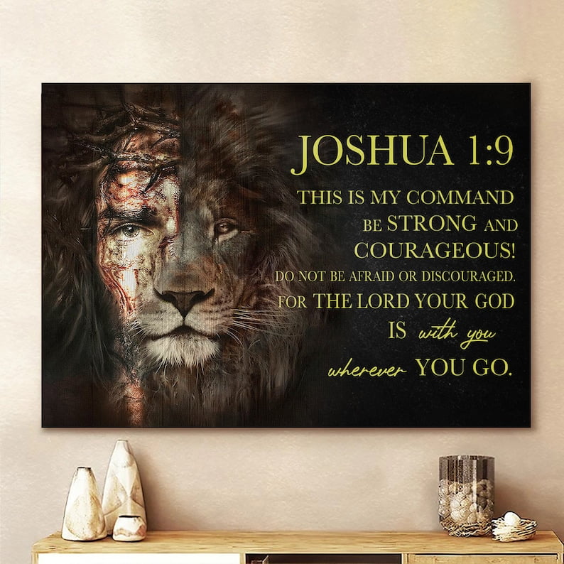 Half Jesus Half Lion Joshua 1 9 Be Strong Courageoust Wall Art Canvas ...