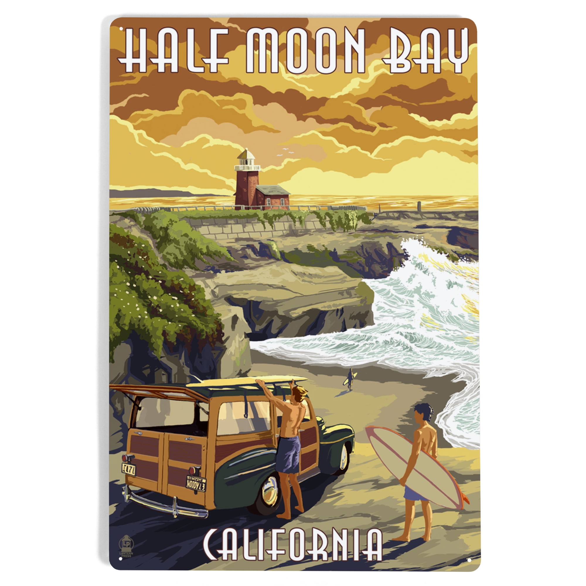Half Moon Bay, California, Woody and Lighthouse (12x18 Aluminum Art ...