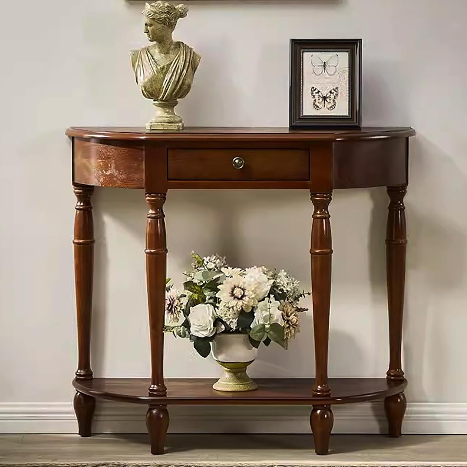 Half Moon Console with Drawer Solid Wood Half Moon for Entryway Semi ...