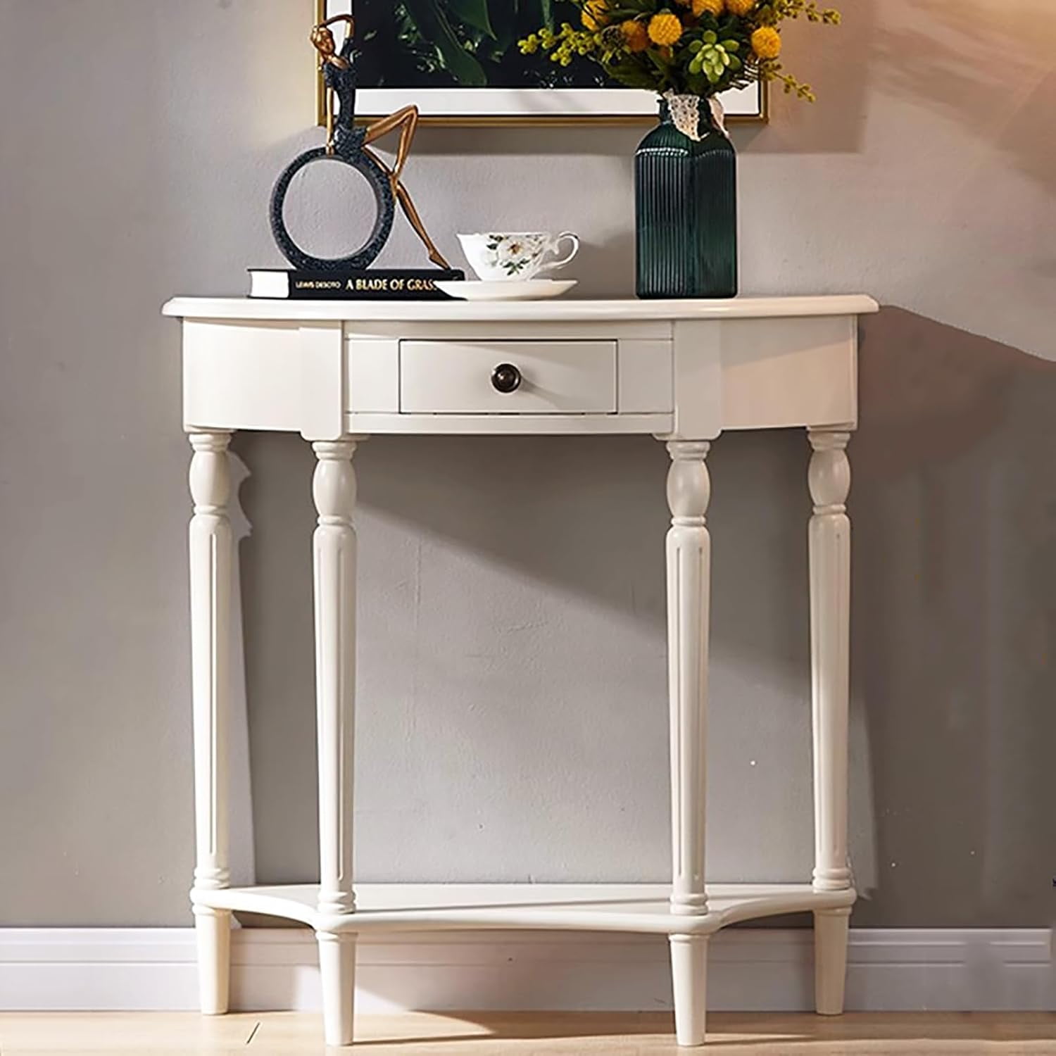 Half Moon Console with Drawer Solid Wood Half Moon for Entryway Semi ...