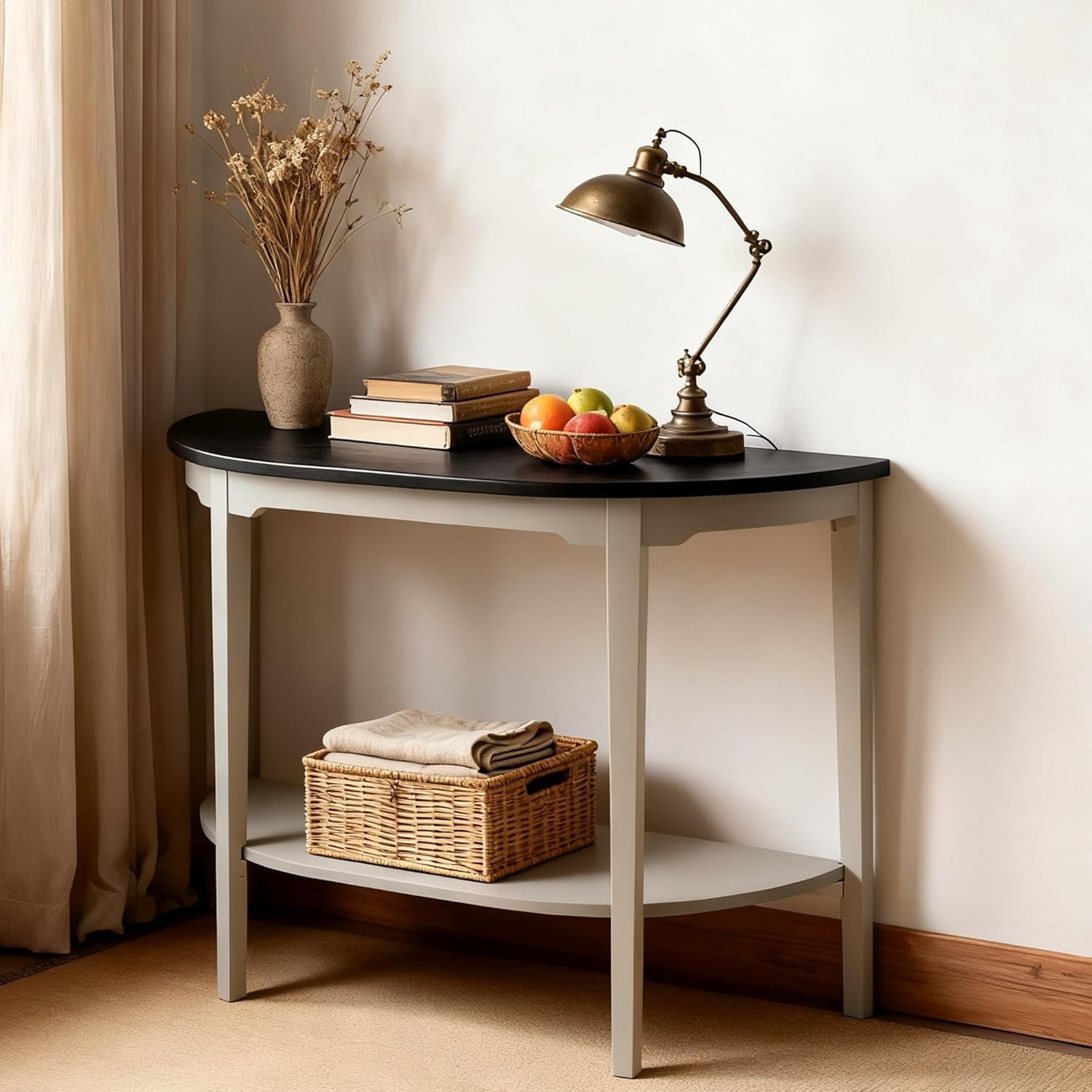 Half-Moon Console Table, 41" Long Sofa Table with Storage,2-Tier Brown ...