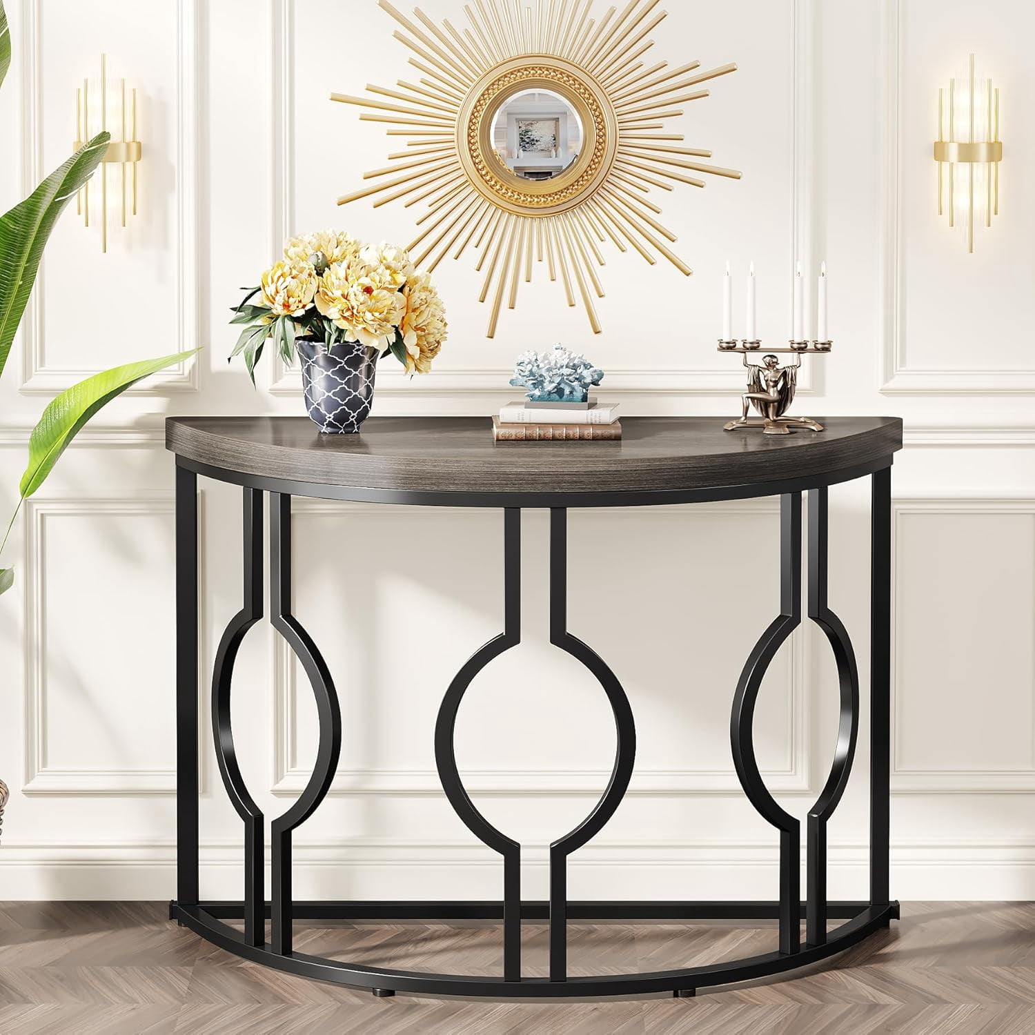 Half Moon Console Table for Entryway, 43 Inch Industrial Semi Circle ...
