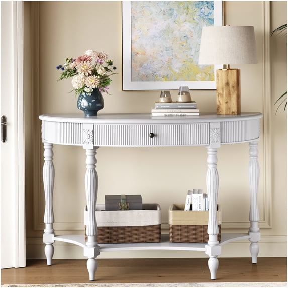 Half Moon Console Table, White Solid Wood and MDF Curved Entryway ...