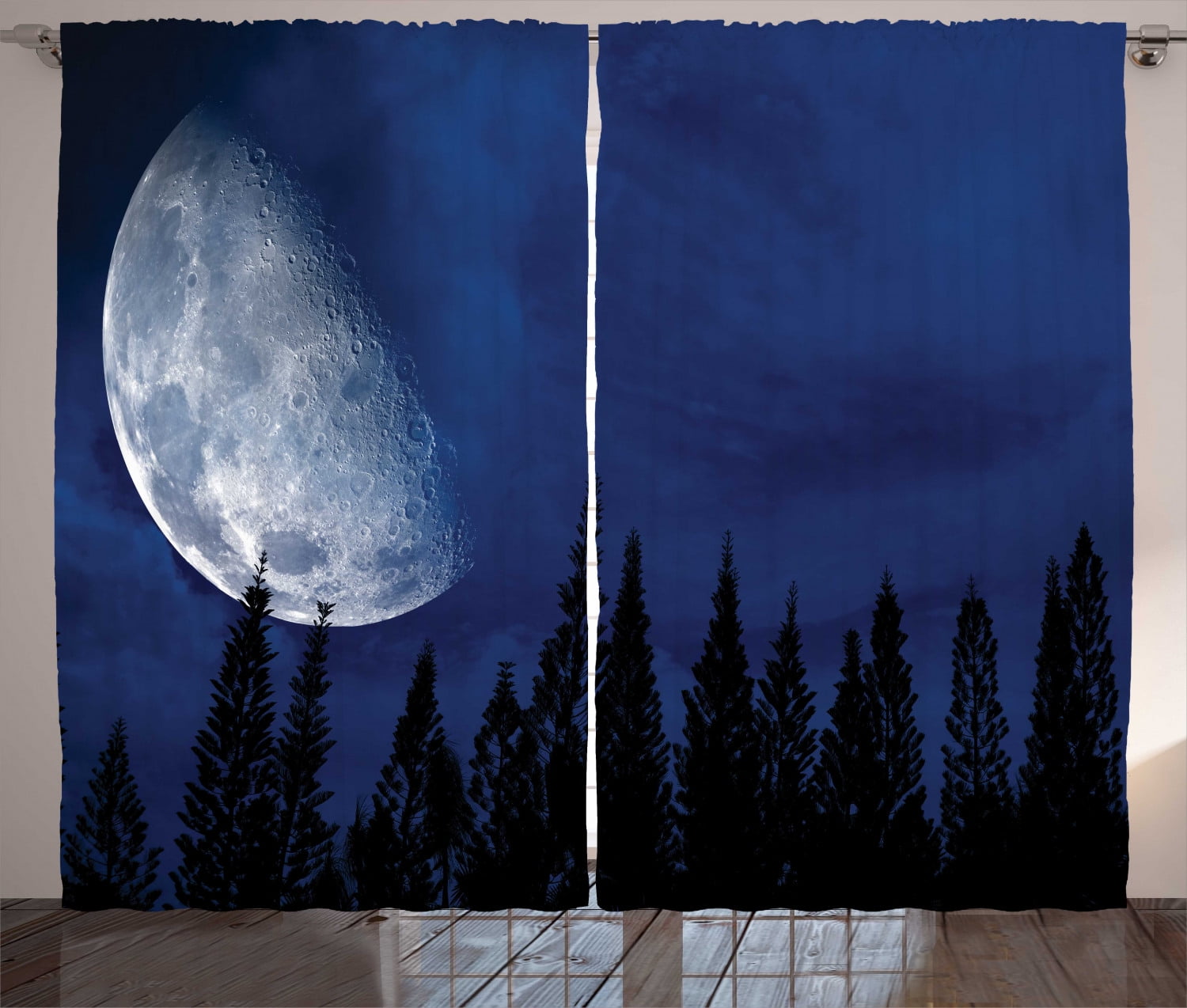 Ambesonne Half Moon Curtains 2 Panel Set, Forest Night Silhouette, 108 ...