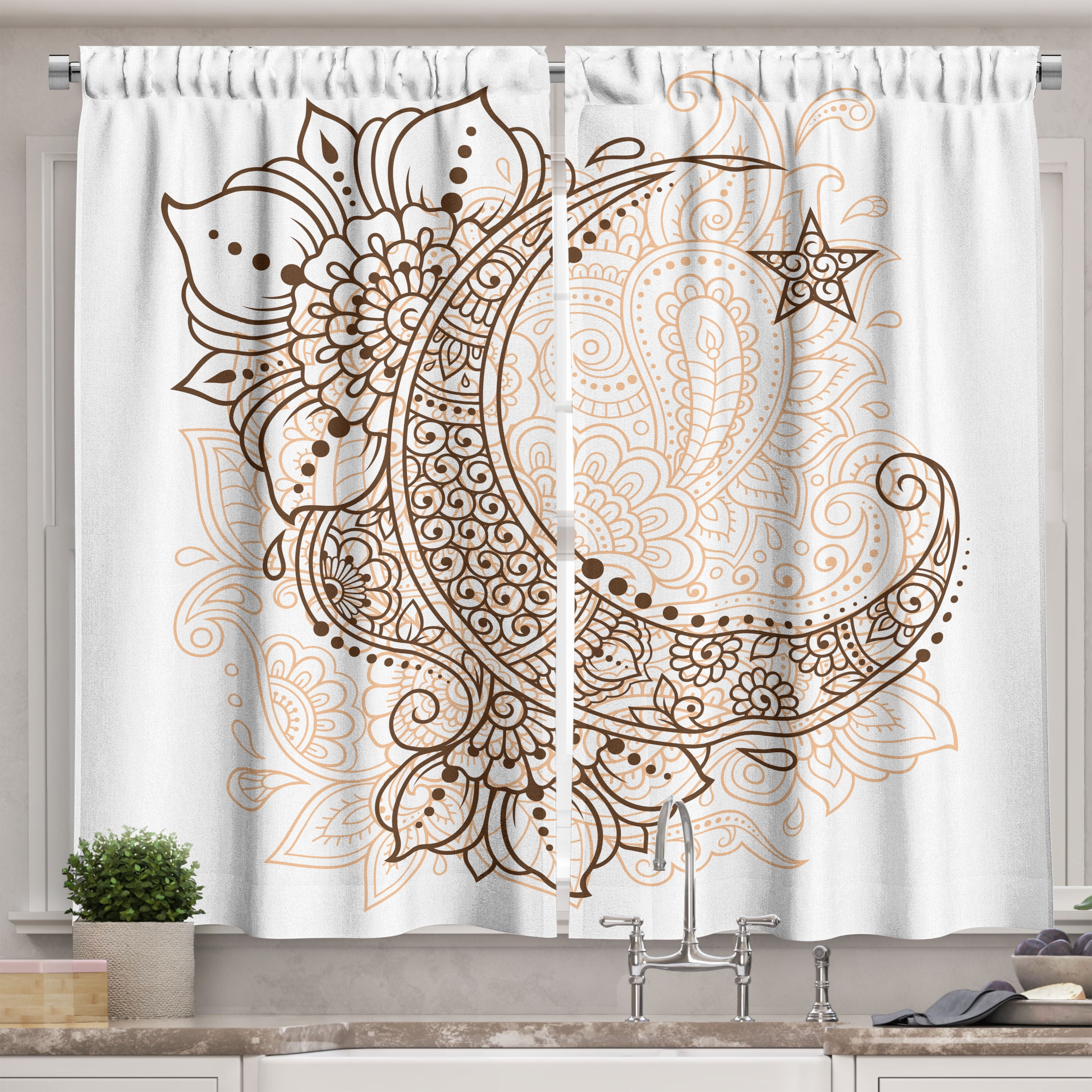 Half Moon Curtains 2 Panels Set, Mystic Intricate Oriental Paisley ...