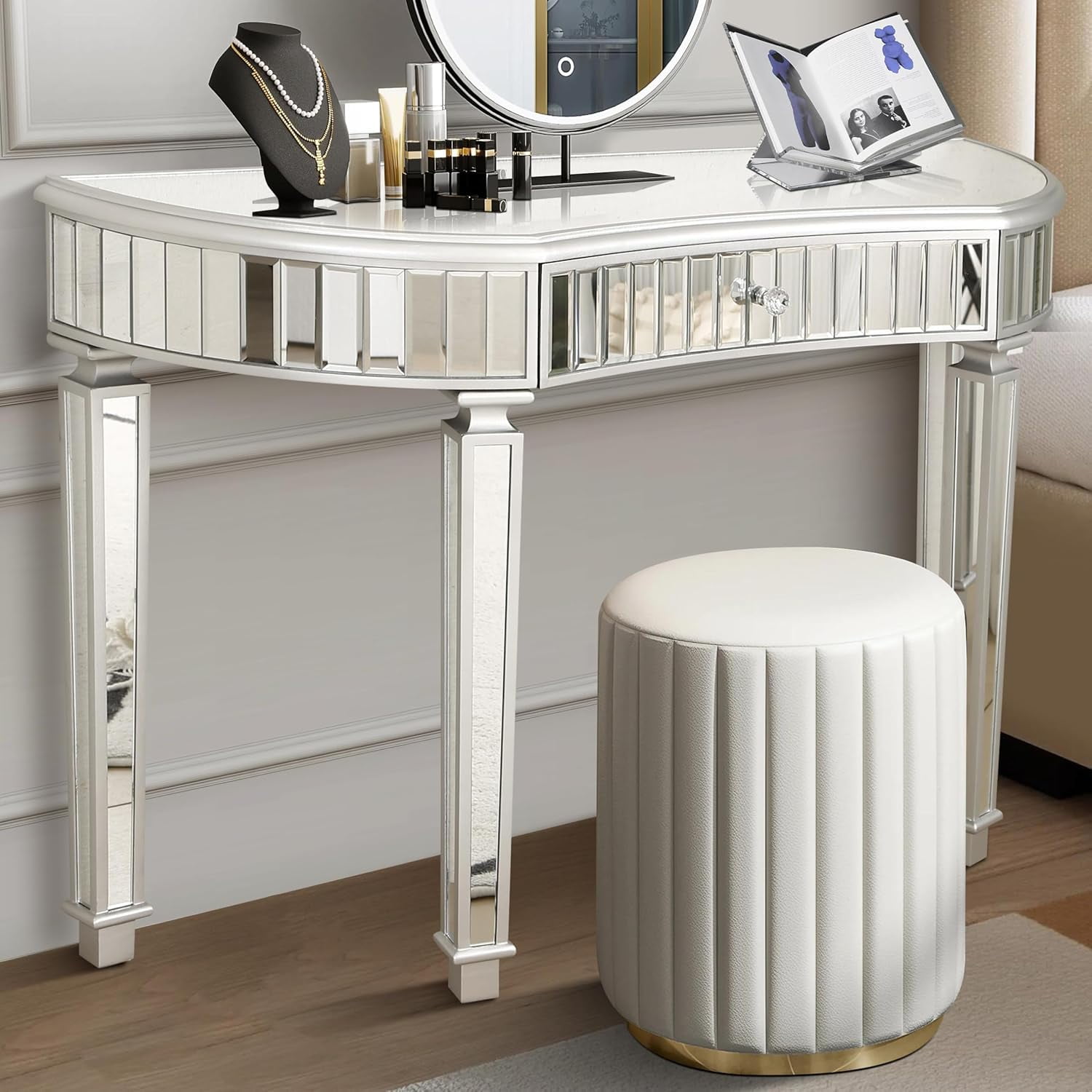 Half Moon Mirrored Console Table with Drawer, Sliver Mirrored Entryway ...