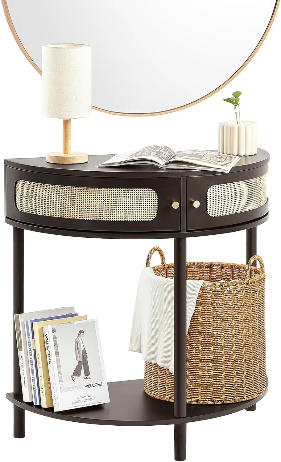 Half-Moon Rattan Console Table with 2 Drawers, Rattan Entryway Table ...
