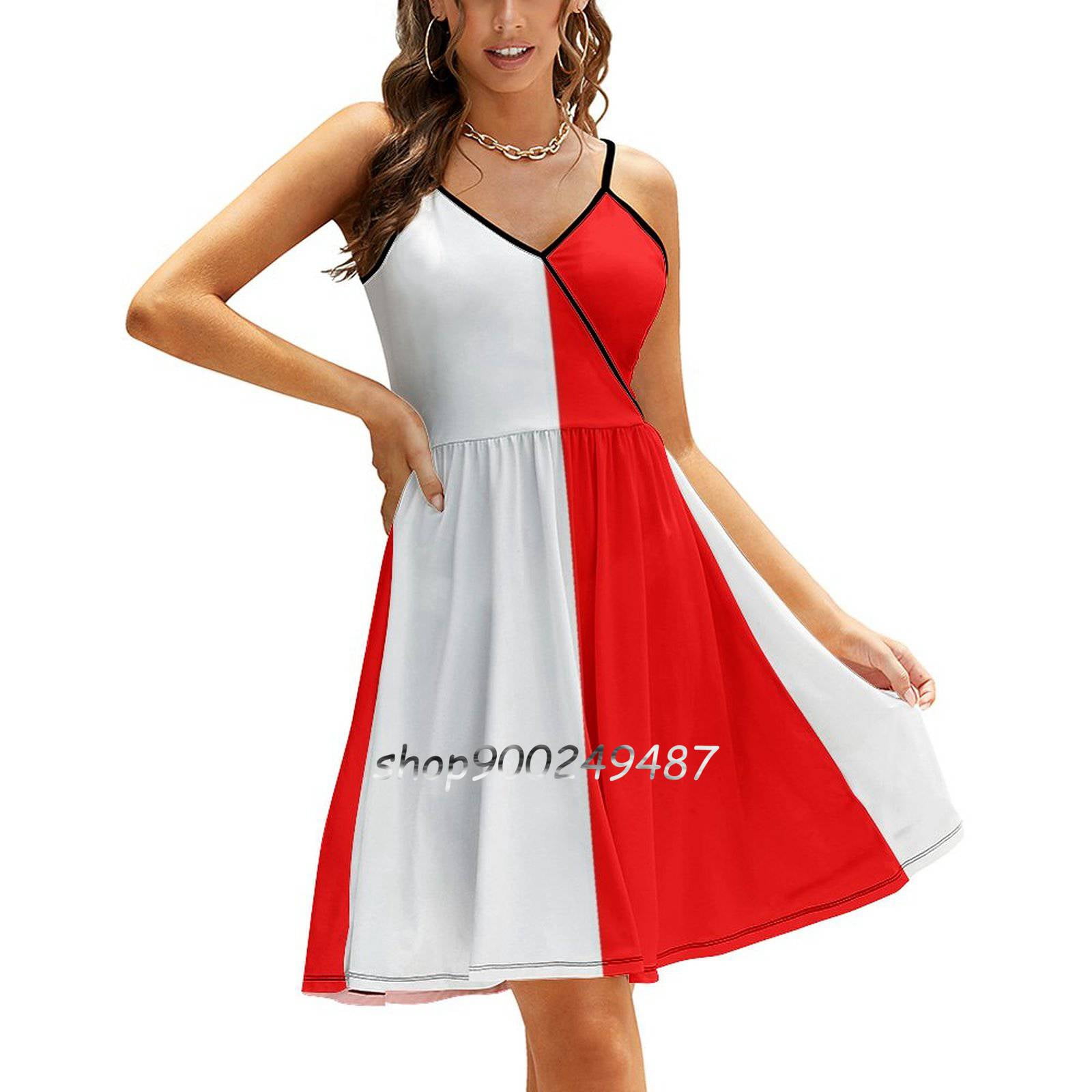 Half Red Half White Mini Skirt Sweetheart Knot Flared Dress Fashion ...