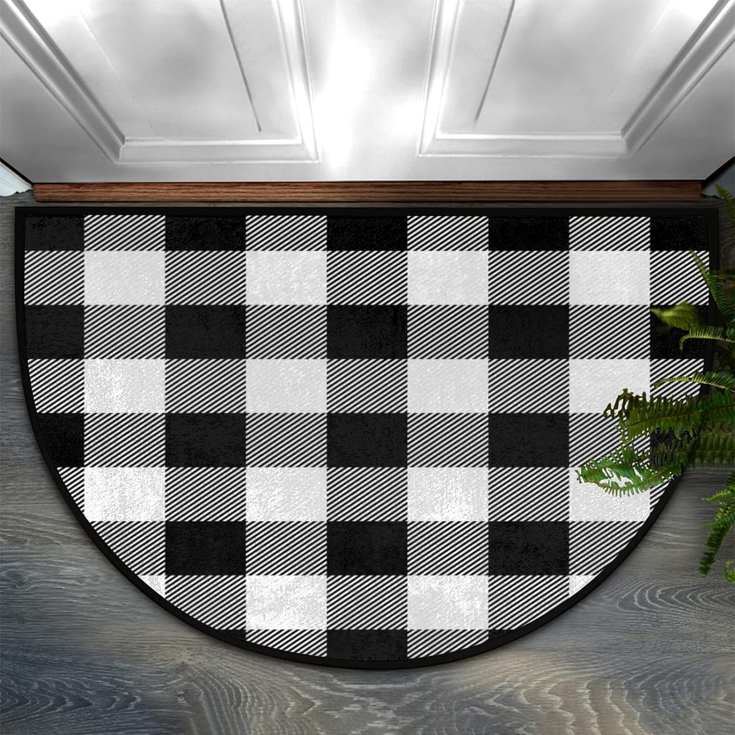 Half Round Door Mat, Puzzles Plaid Black Grey Non-Slip Welcome Entrance ...