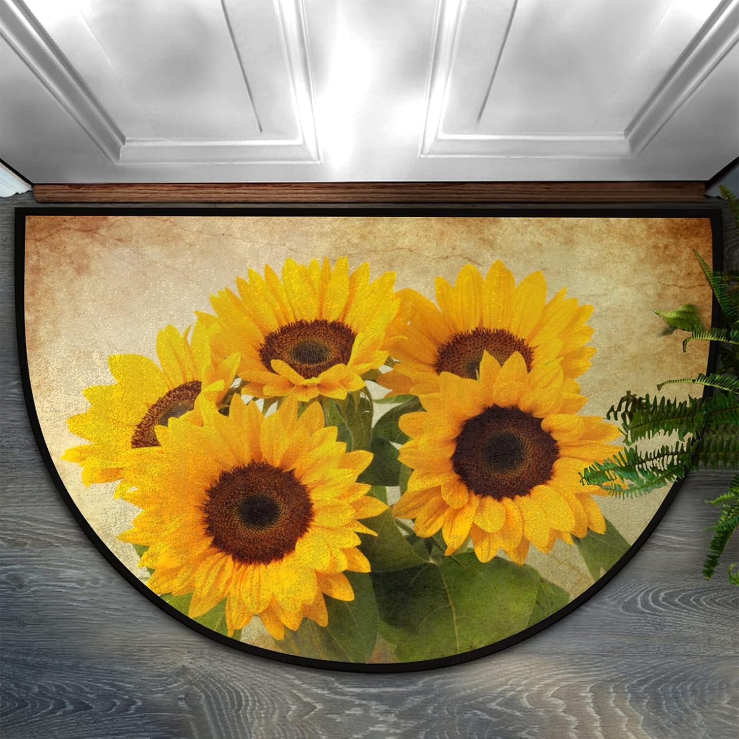Half Round Doormat Retro Flower Sunflower Non-Slip Half Circle Area Rug ...