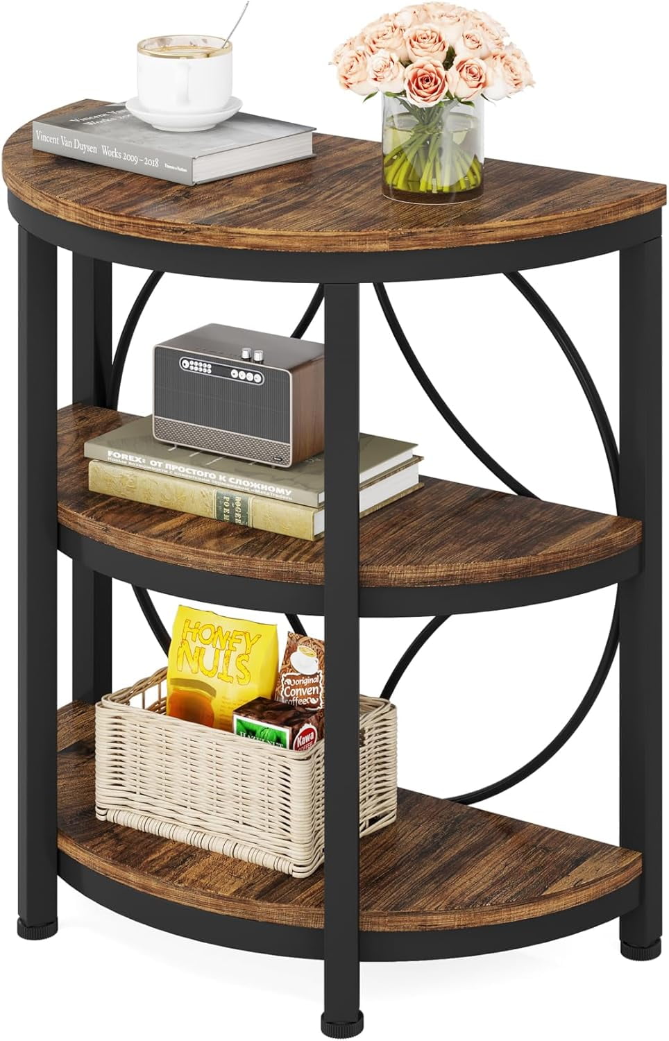 Half Round End Table, 3-Tier Narrow Side Table with Metal Frame, Half ...
