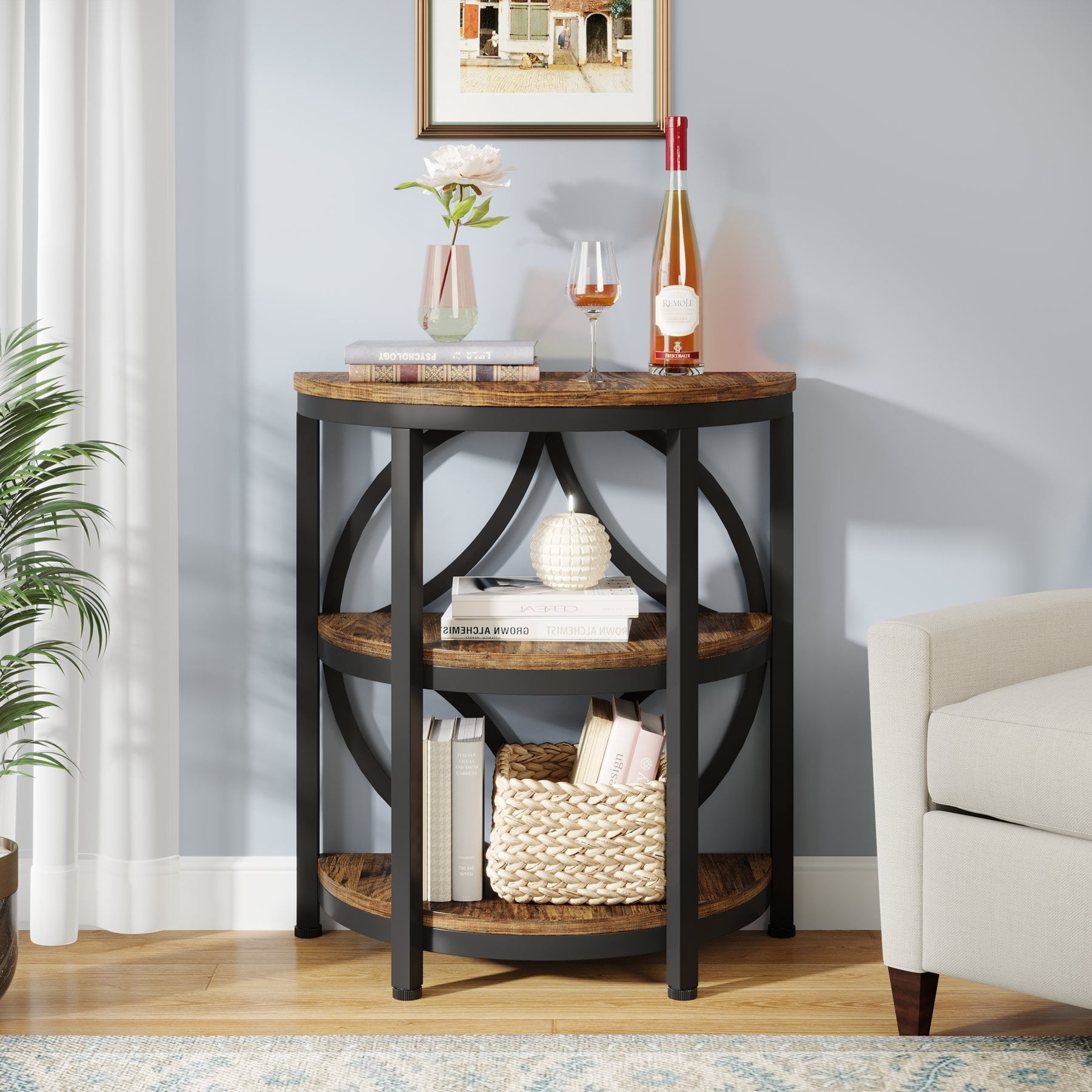 Half Round End Table, 3-Tier Narrow Side Table Rustic Brown (1-Piece ...