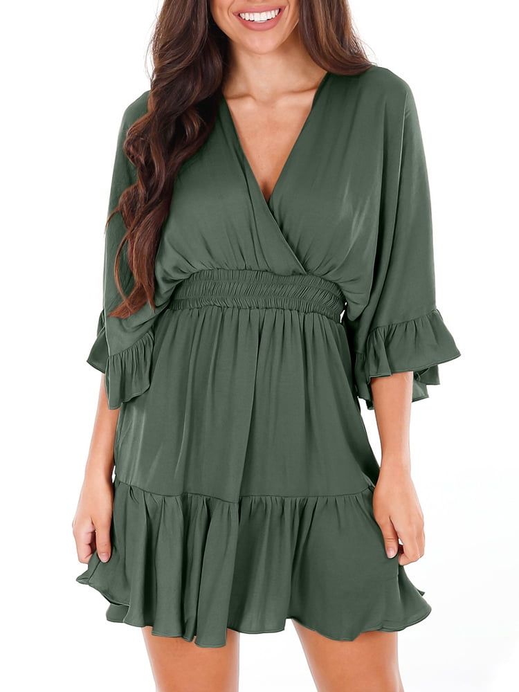 Half Sleeve Deep V-Neck Women Elastic Waist Dress Flared High Waist ...
