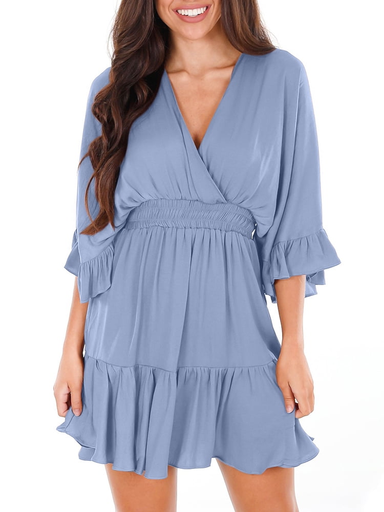 Half Sleeve Deep V-Neck Women Elastic Waist Dress Flared High Waist ...