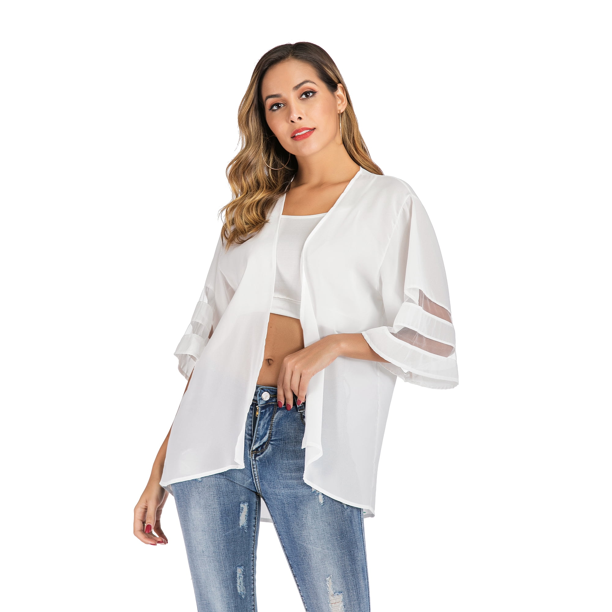 Half Sleeve Open Front Cardigan Sheer Chiffon Cardigan Coat Beachwear ...