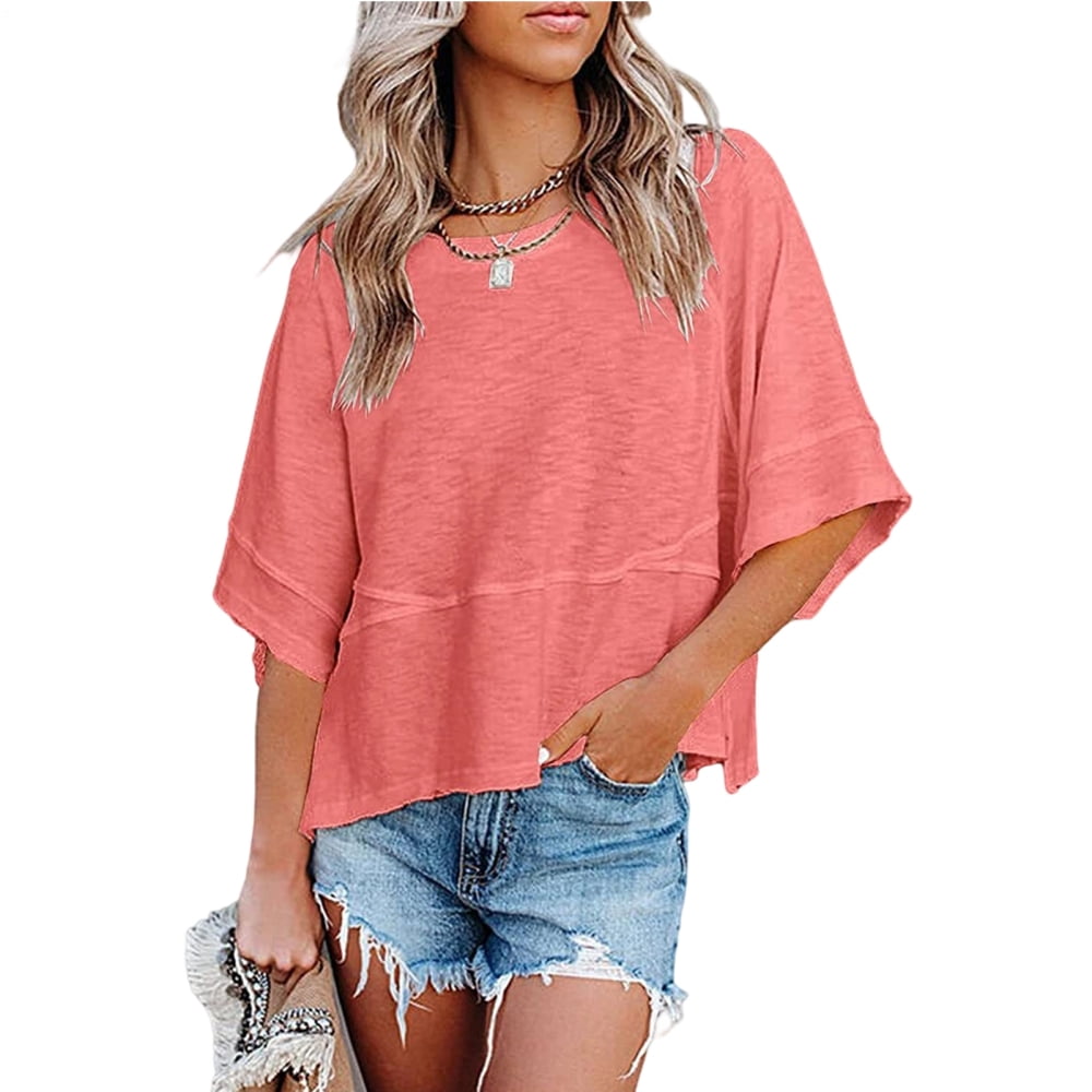 Half Sleeve Shirts for Women Crewneck Summer Batwing Sleeve Loose Fit ...