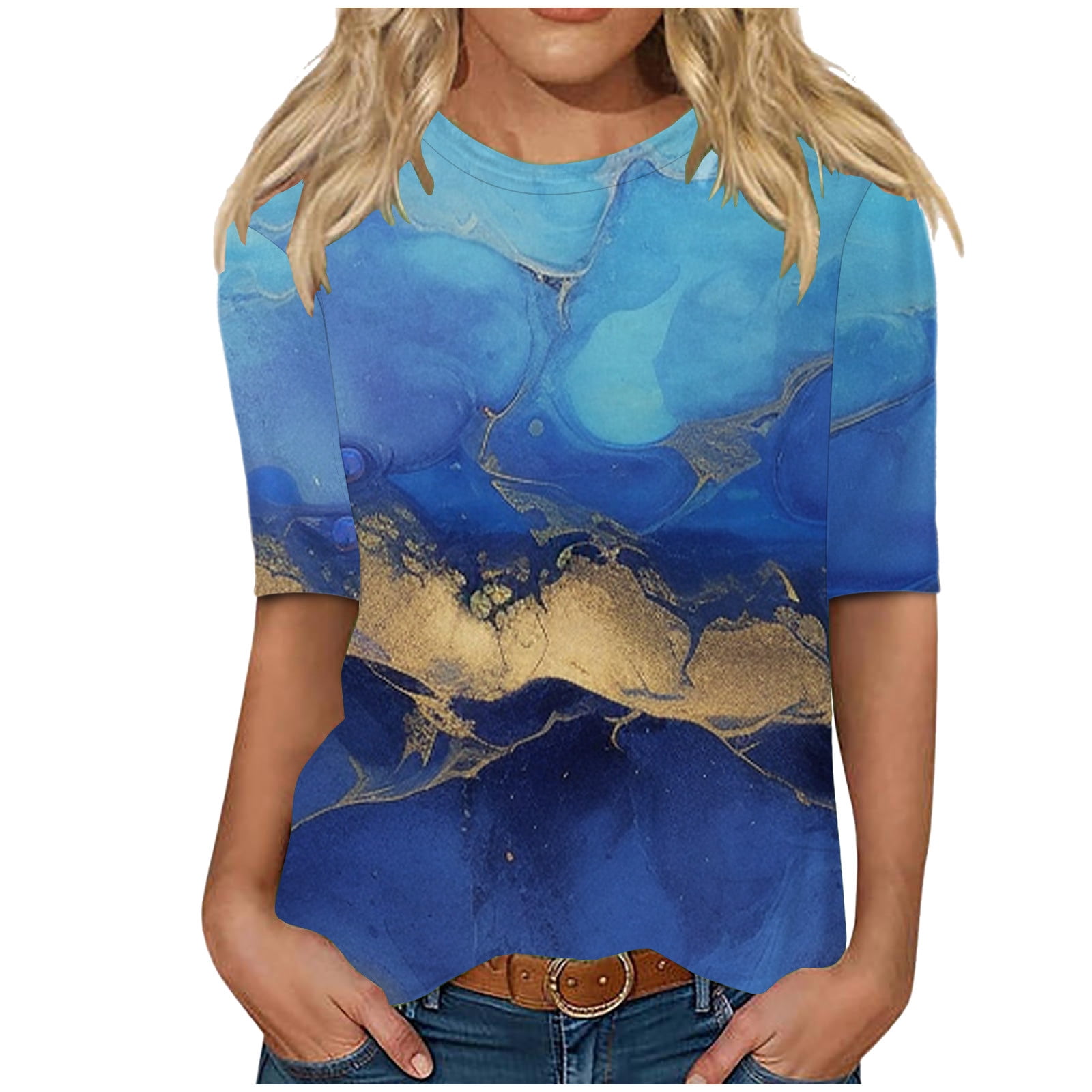 Half Sleeve T Shirts for Women Plus Size S-3XL Floral Printed Crew Neck ...
