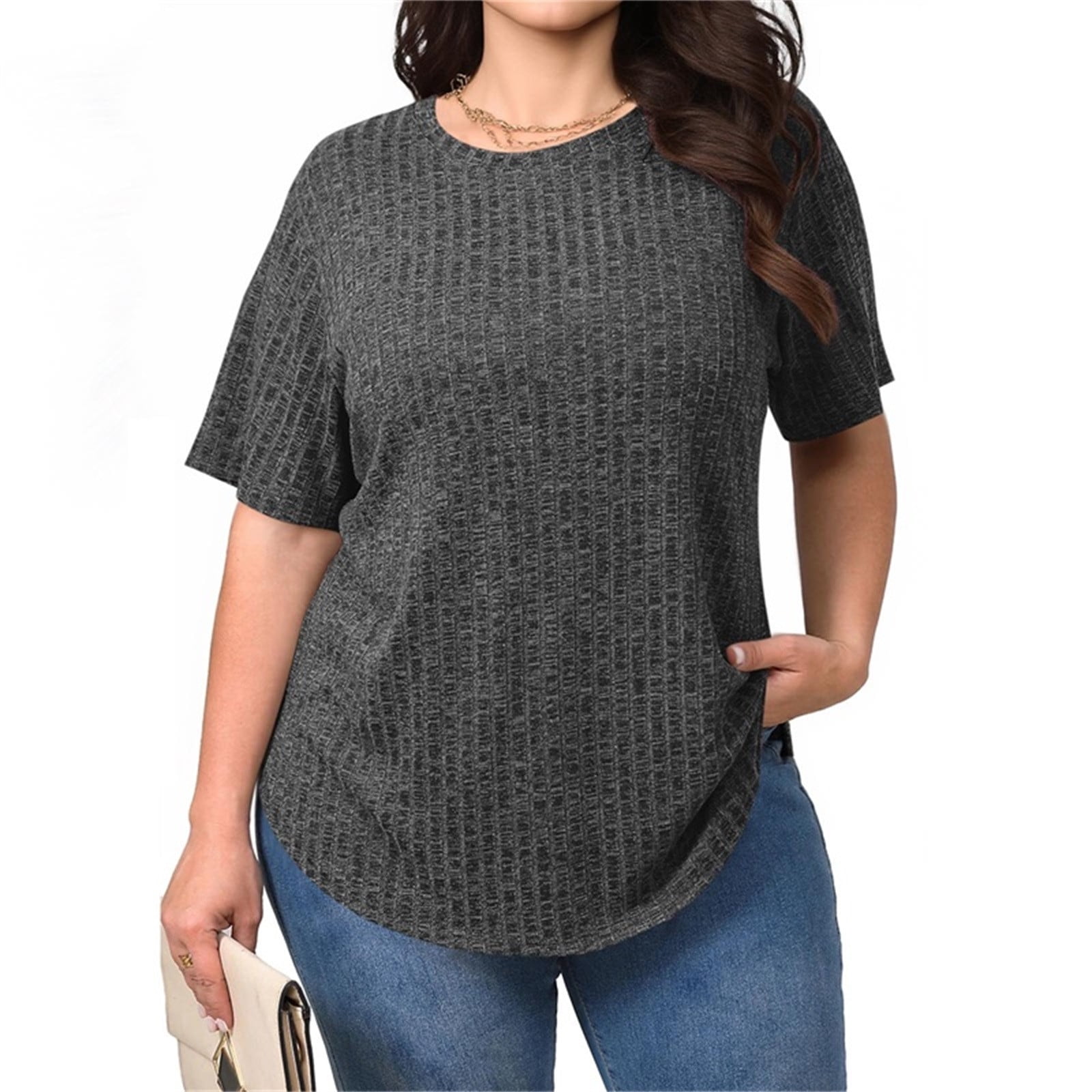 Half Sleeve Tops for Women Plus Size Ribbed Knit Sweater Casual Short ...