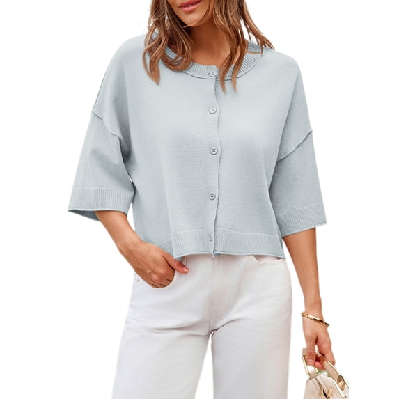 Half Sleeve Womens Knit Outfits Cropped Button Down Tops Oversized ...