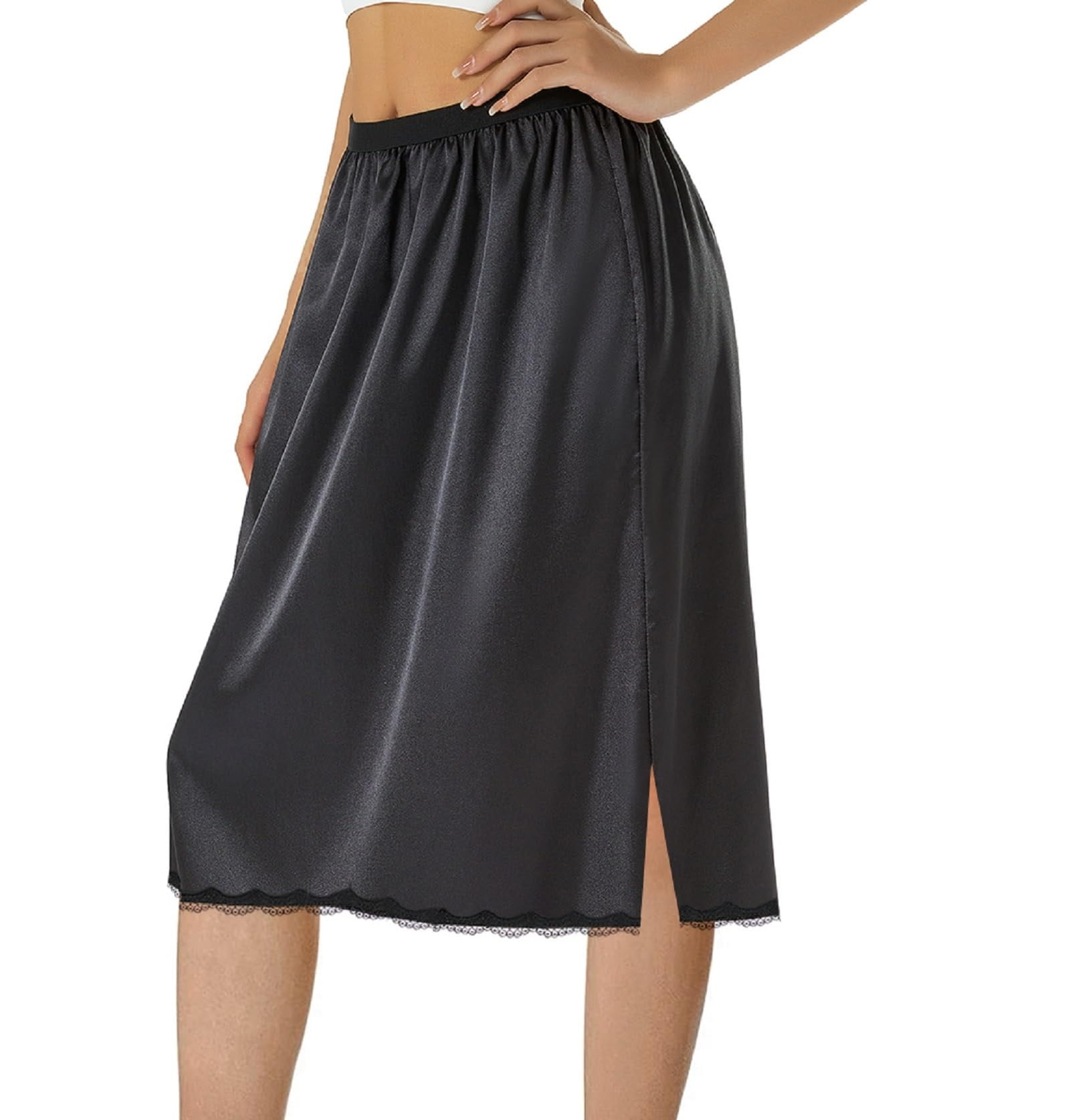 Half Slips Under Dress Women Elastic Waist Lace Hem Satin Long Underskirt Skirt Slip Knee Length ...