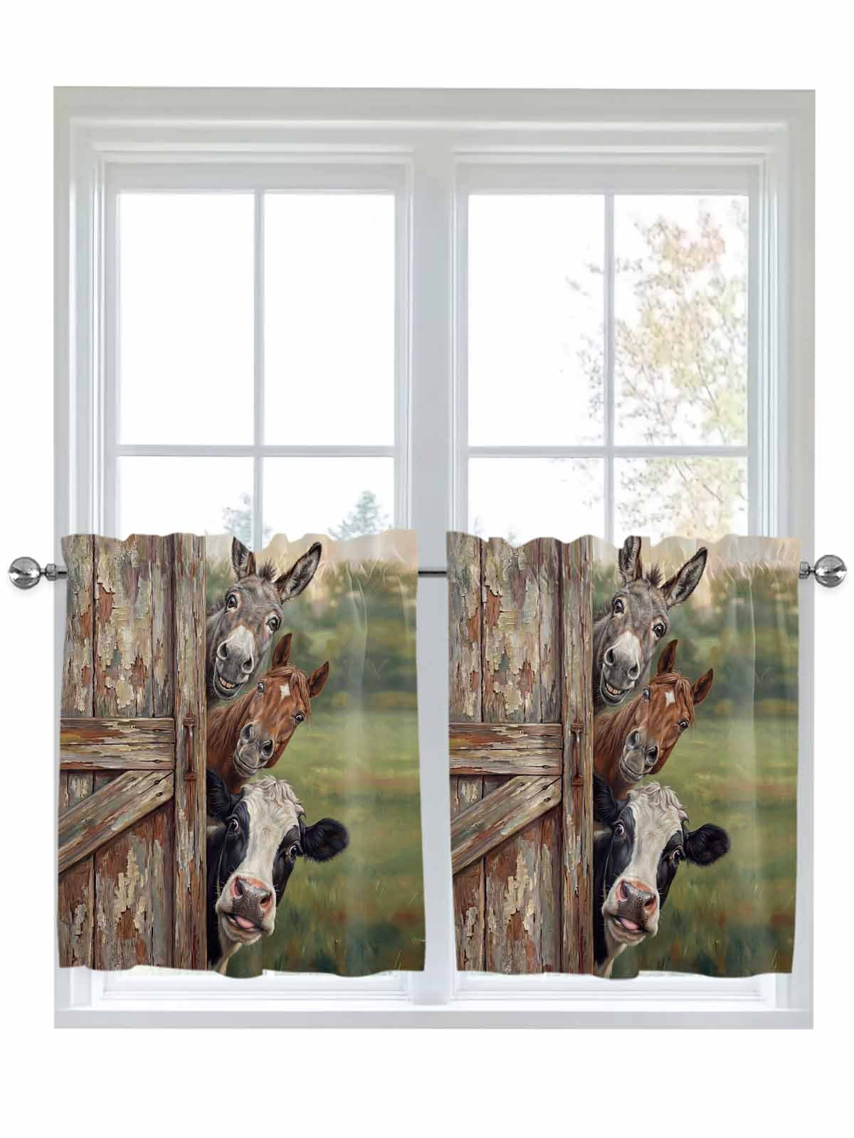 Half Window Curtains 24 Inches Long, Farmhouse Animals Window Treatment ...