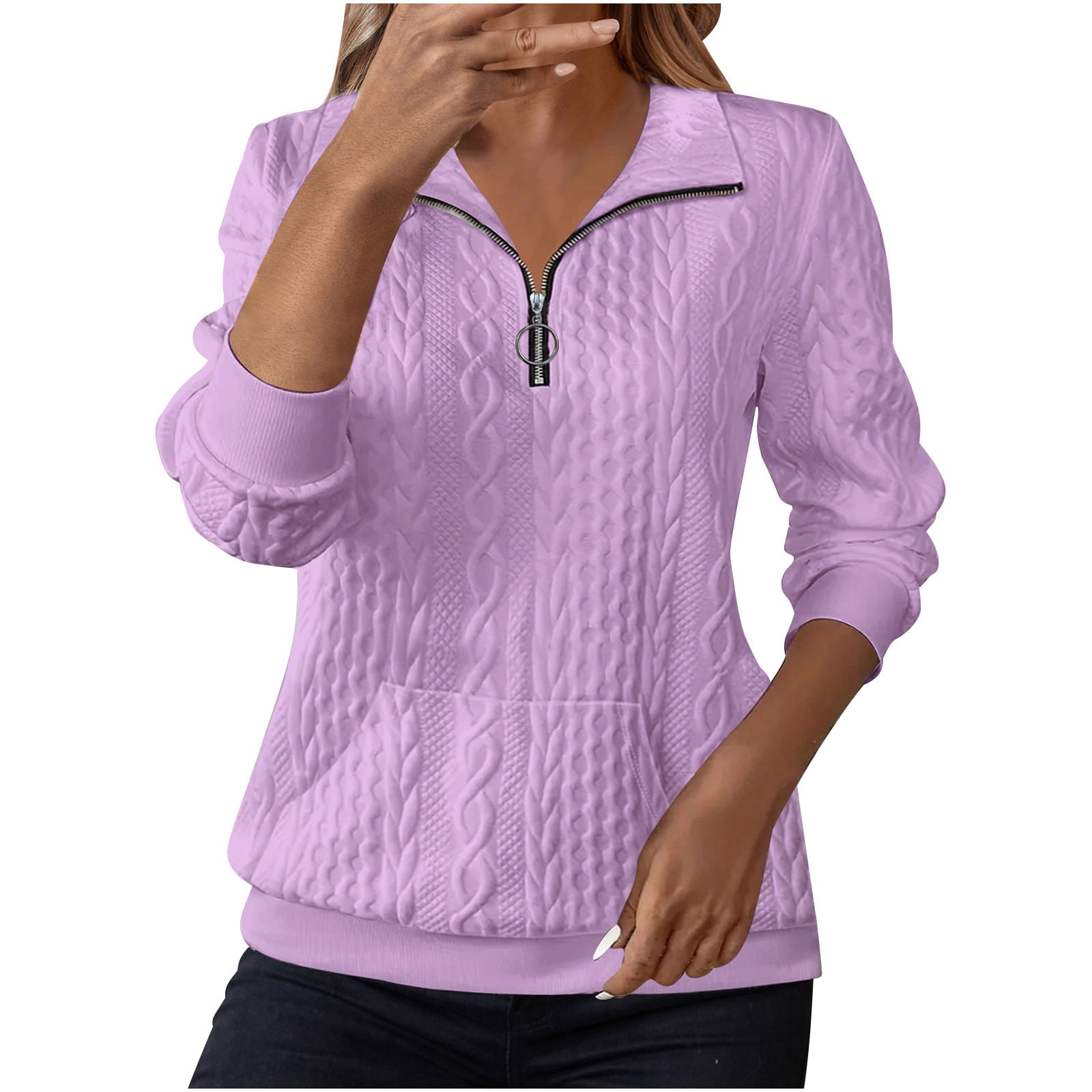 Half Zip Pullover Women Cozy Textured Knit Zipper V-Neck Long Sleeve ...