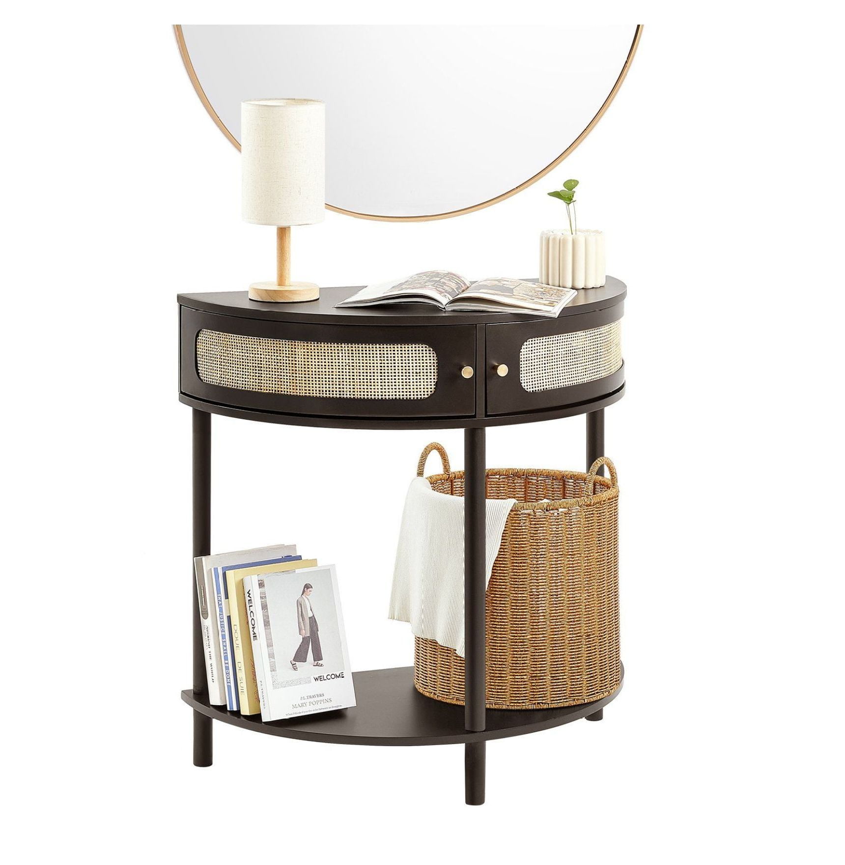 Half-moon Rattan Console Table 2 Storage Drawers Rattan Sliding Door ...