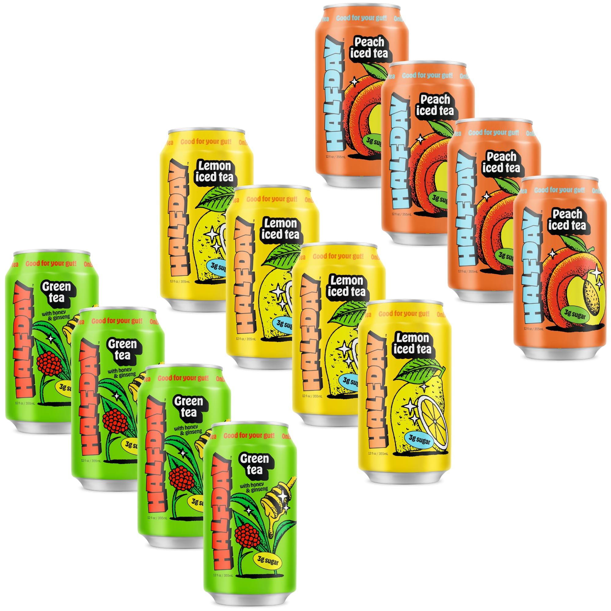 Halfday Prebiotic Iced Tea Variety 12-Pack - Nostalgic Flavor, Low ...