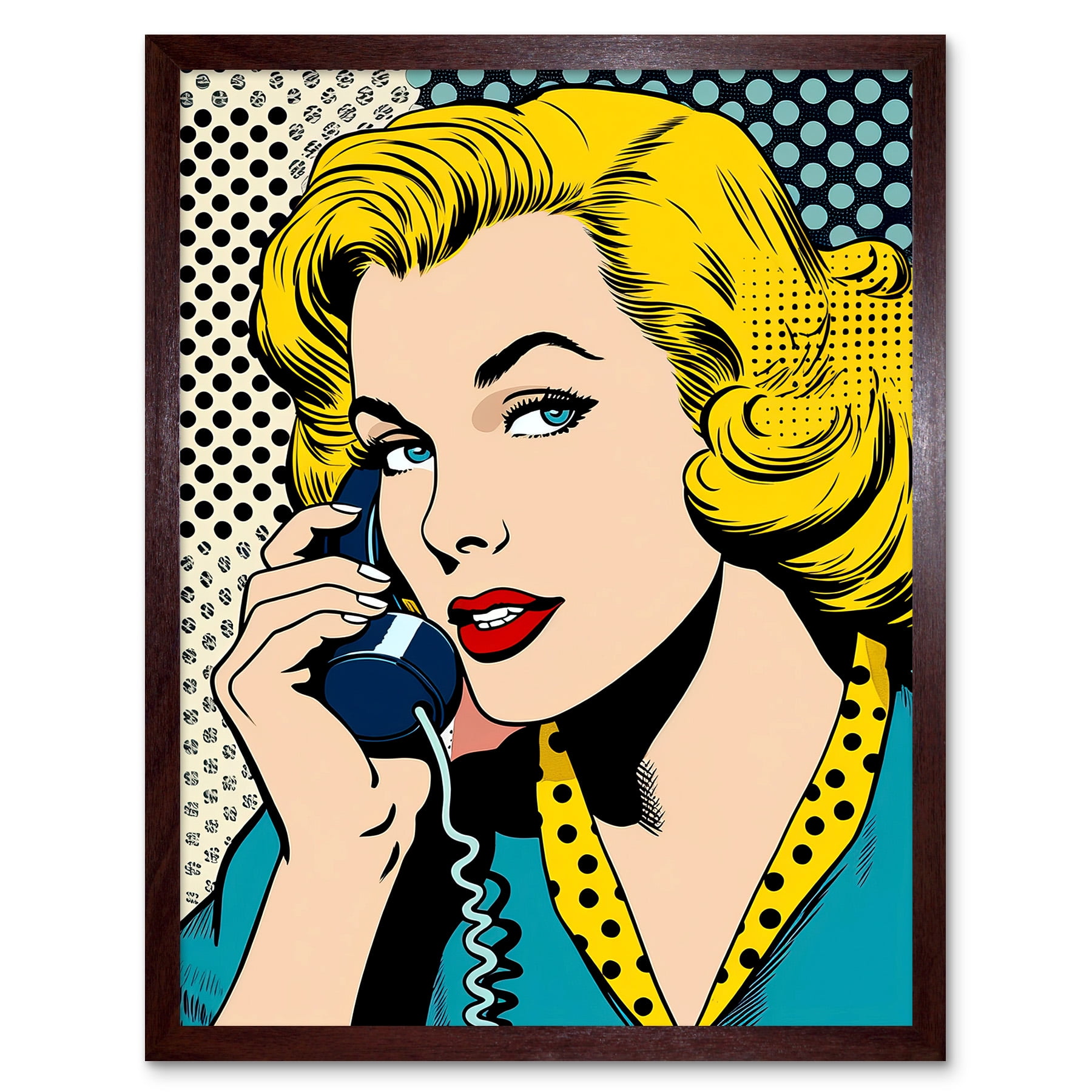 Halftone Hello Comic Book Style 1950s Woman Telephone Bright Polka Dot ...