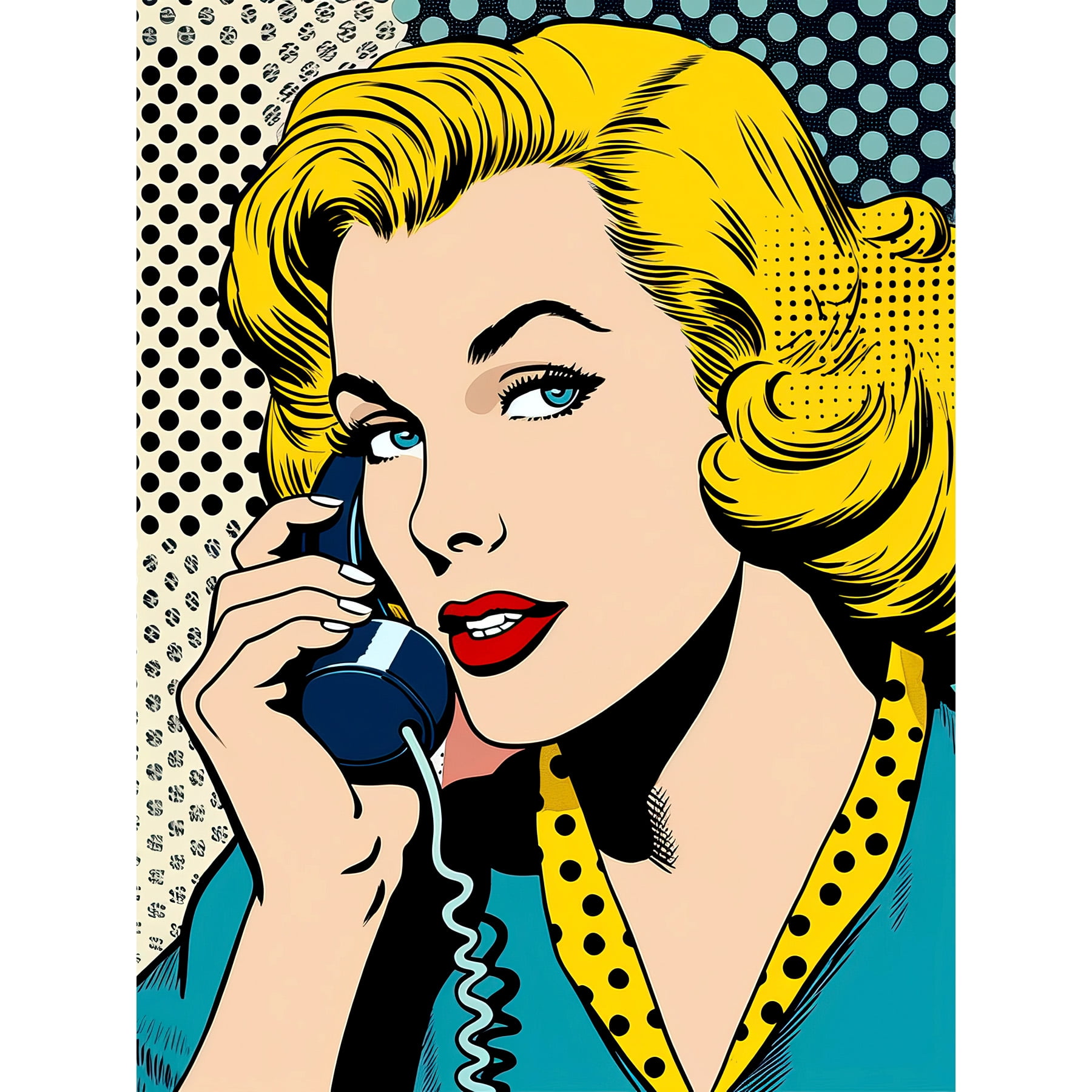 Halftone Hello Comic Book Style 1950s Woman Telephone Bright Polka Dot ...