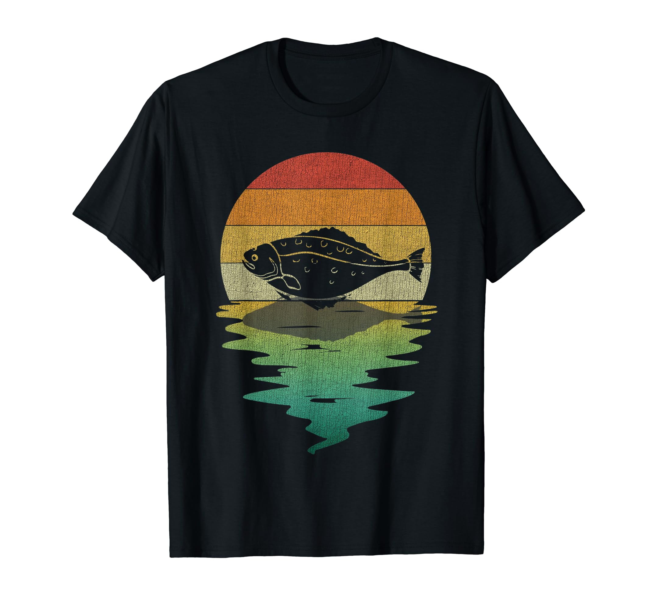 Halibut Silhouette Sunset Retro Vintage 70s Nature Lover Black T-Shirt ...