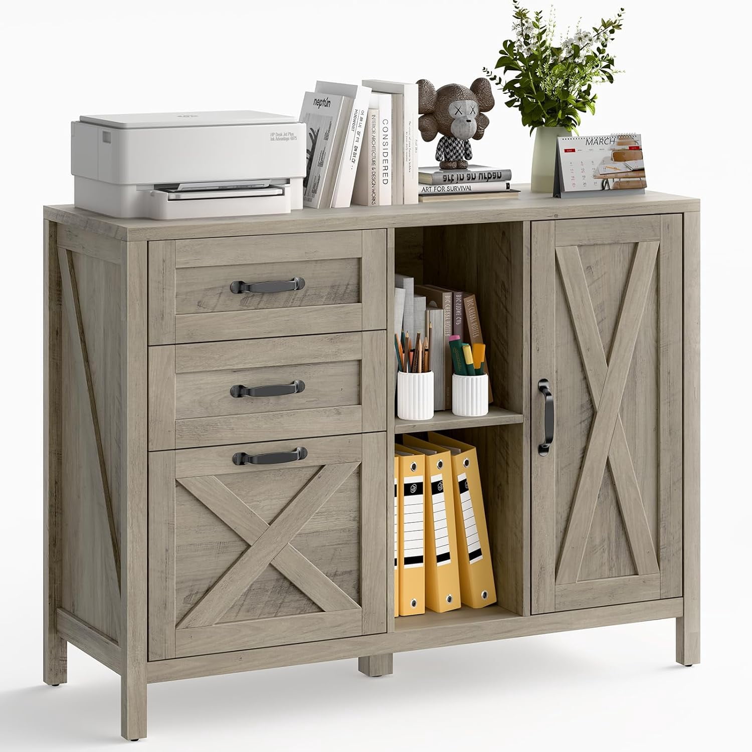 Halitaa Lateral File Cabinet with 3 Drawers and Door, Farmhouse File ...
