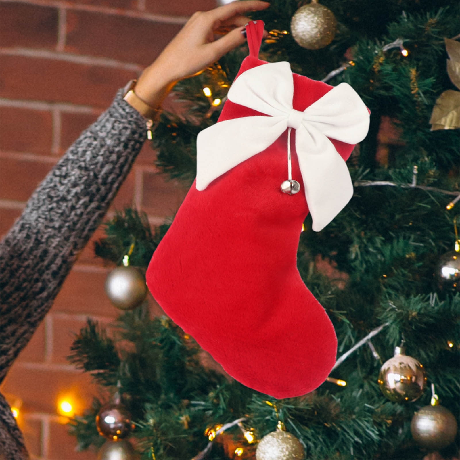 Haliyee Plush Christmas Stocking with Big Bow & Jingle Bell - Soft ...