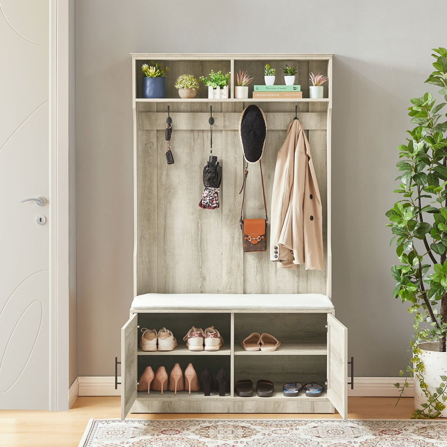 Hall Tree with 4 Hooks and Coat Hanger, Wood Coat Rack with Storage ...